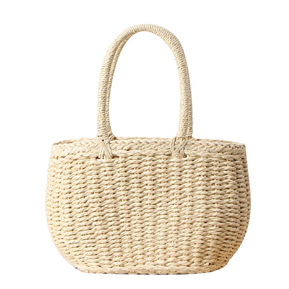 Natural Straw Bag for Women,Hand-woven Straw Hobo Bag Round Handle Retro Summer Beach Bag (Beige)
