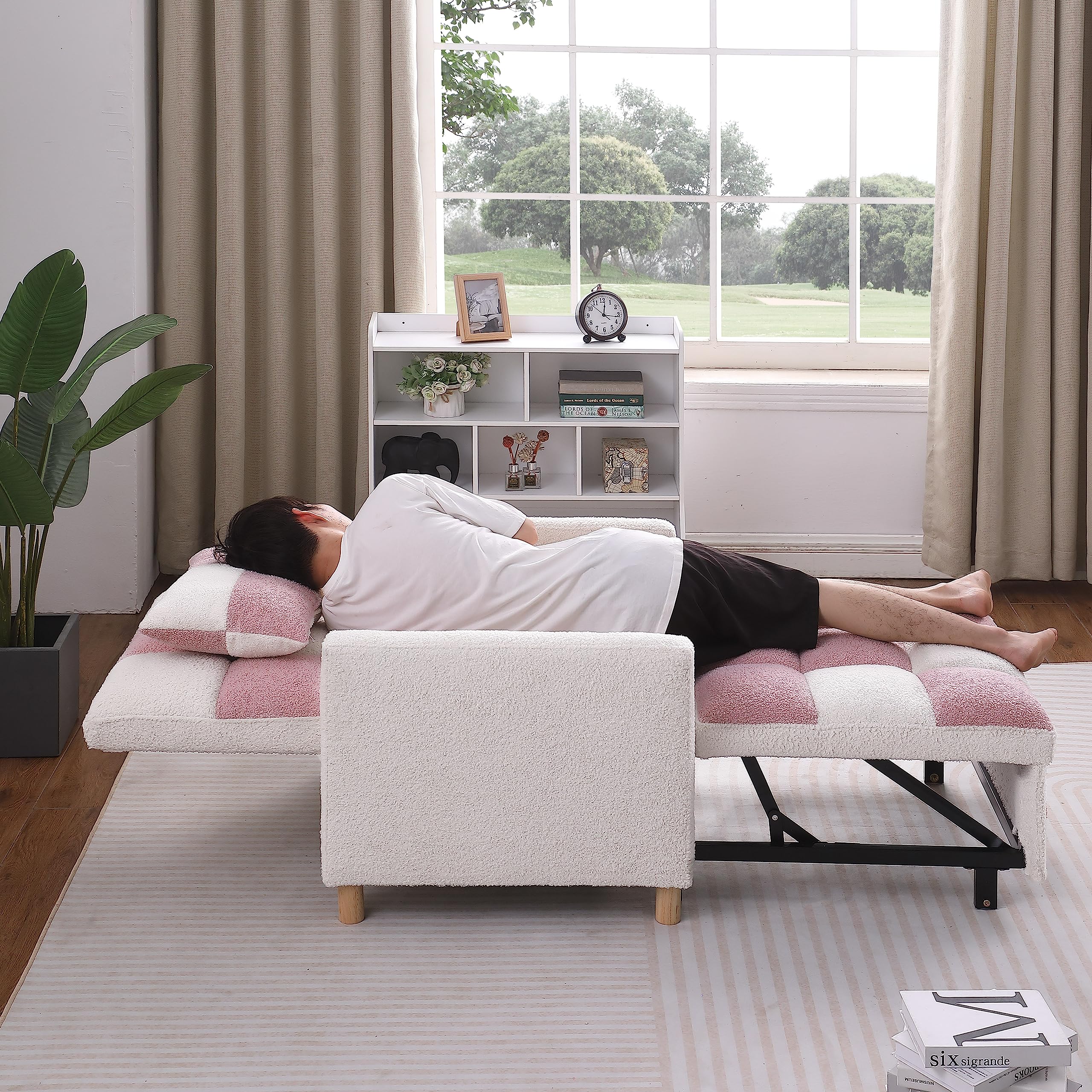 Lakifun 3-in-1 Single Convertible Chair Bed,Single Sleeper Sofa Chair Bed with Pillowand Pocket, Multi-Functional Sleeper Chair Livingroom Chair with Teddy Fabric (White&Pink)