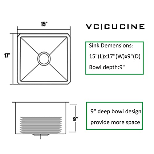 VCCUCINE Black Bar Sink, 15x17 Inch Small Bar Sink,Undermount Wet Bar Sink Small Rv Sink, T-304 Stainless Steel Kitchen Sink with Sink Protector and Drain Assembly…