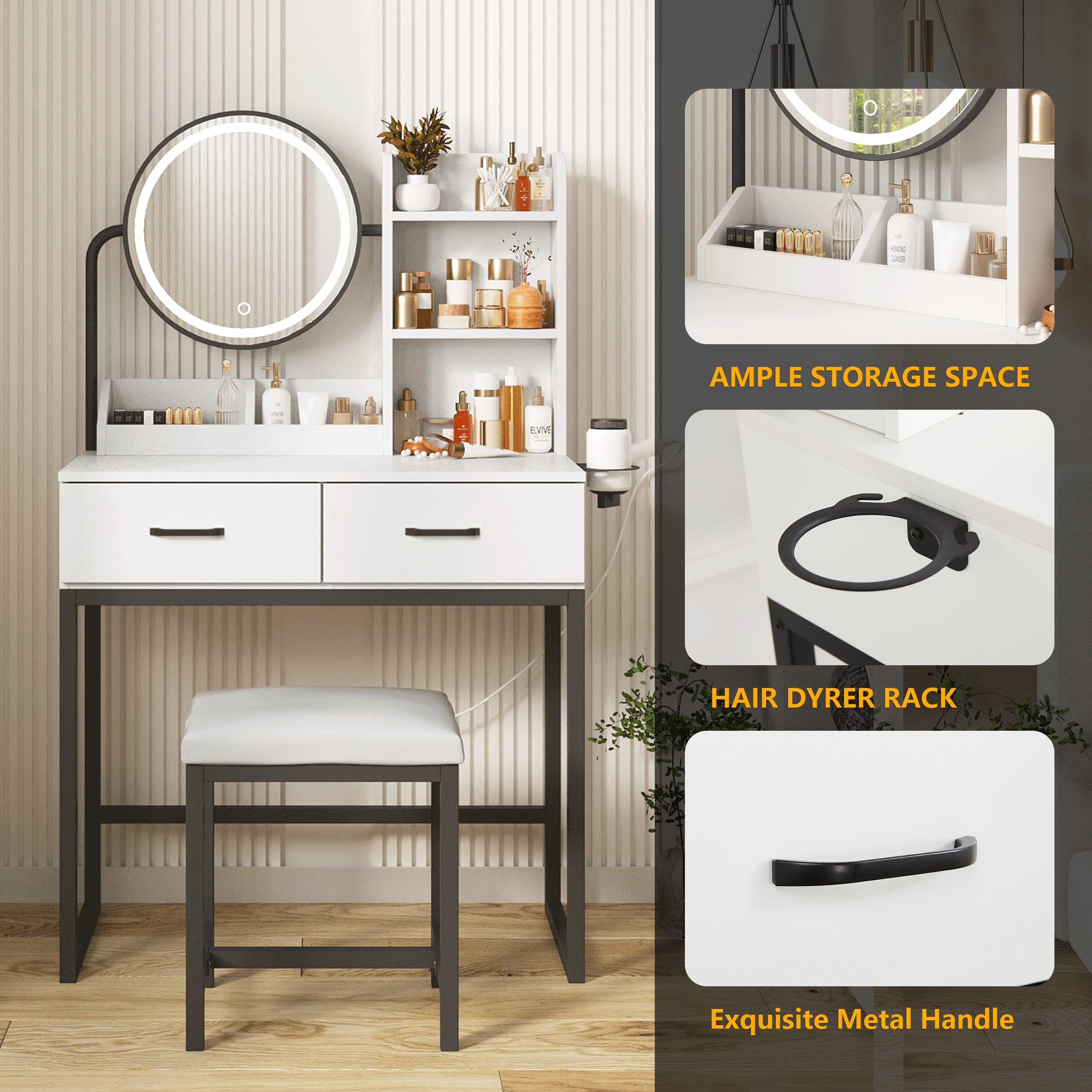 Makeup Vanity Desk with Mirror and Lights, Cute Vanity Makeup Table, Small Vanity Table for Bedroom with Lots Storage, 3 Lighting Modes, 31.5in(L)…
