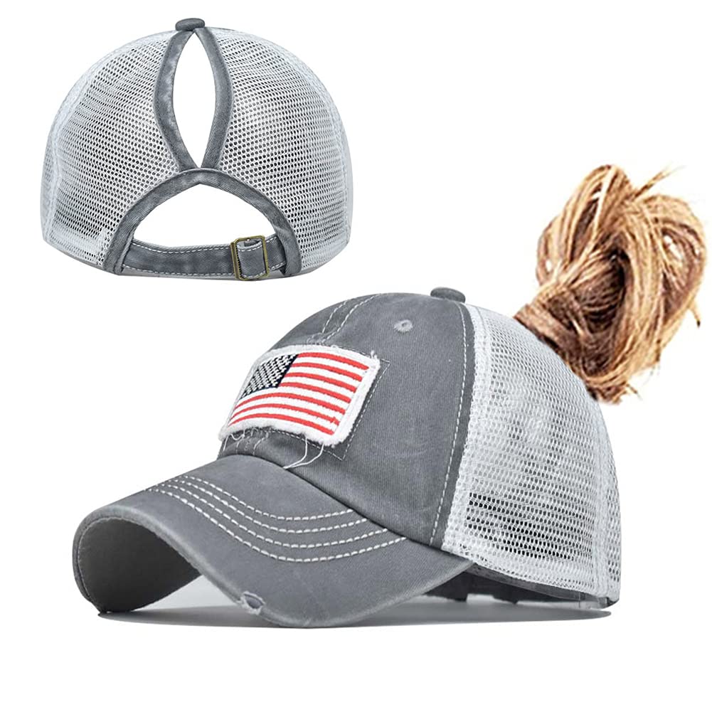 Nogewul American flag Ponytail Baseball Cap for Womens Men High Messy Bun Hat Ponycaps Adjustable Dad Trucker Mesh Hats