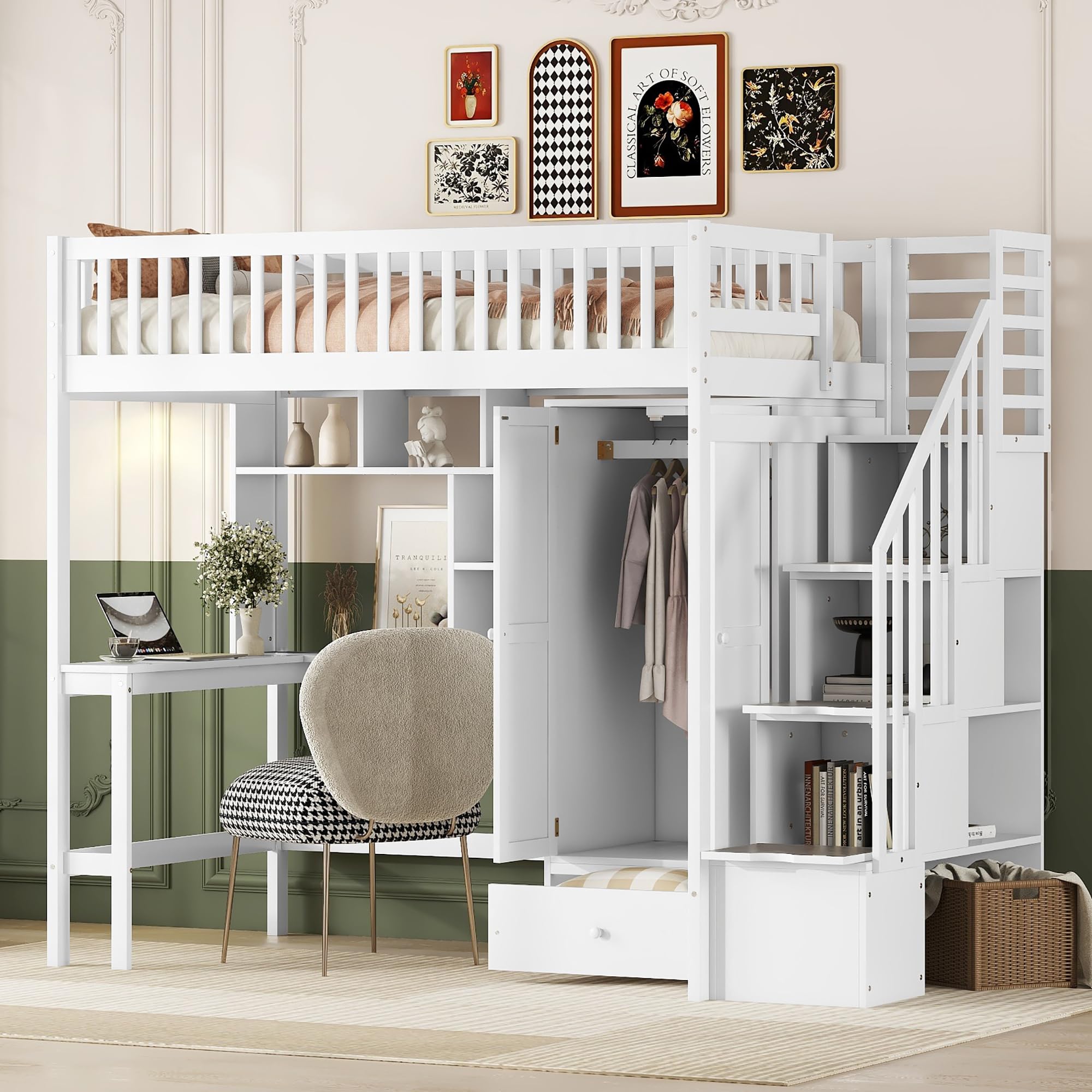 Merax Twin Loft Beds Stairway Loft Bed Frame with Wardrobe, Desk, Bookshelf and Drawers, White