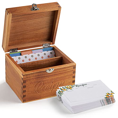 Tidita Acacia Wood Recipe Box with Cards - Blank Recipe Box Wooden Set Come with 100 4x6 Recipe Cards, 8 Dividers. Perfect Recipe Organizer (Acacia Wood)
