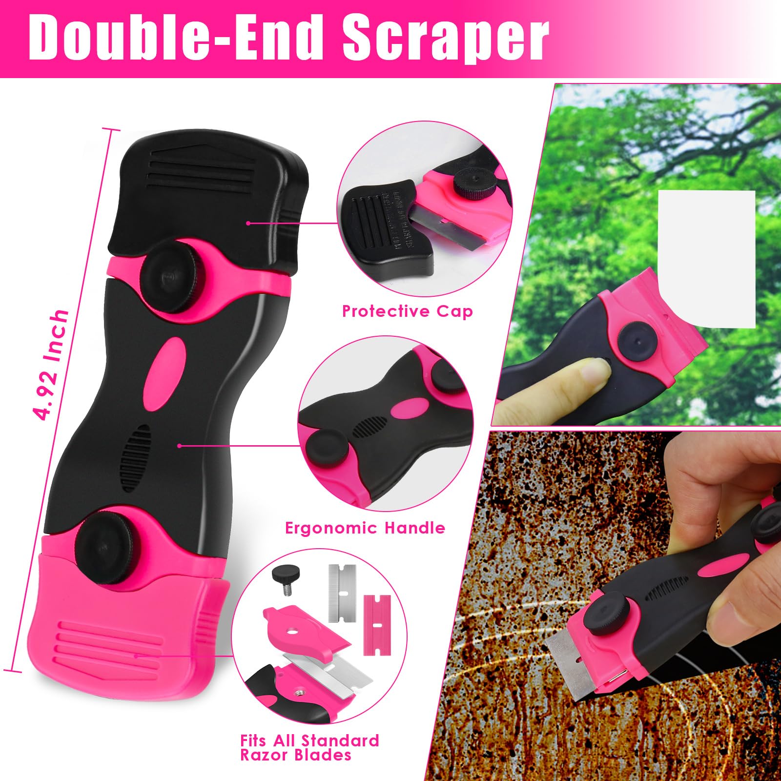 Razor Blade Scraper, THINKWORK 3Pcs Pink Razor Scrapers with 15pcs Metal and 30pcs Plastic Blades, Scraper Tool for Cleaning Paint, Decals, Adhesive, Caulk, Stickers, Glass, Labels, Window, Stovetop