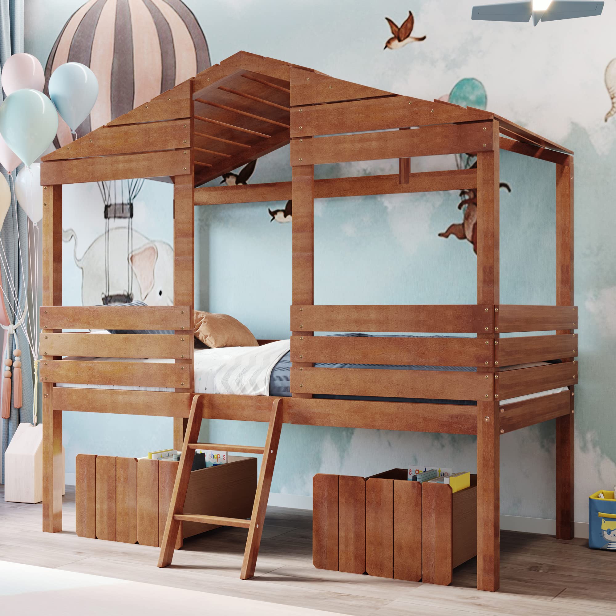 Merax Twin Montessori Loft Bed Frame with Drawers and Ladder Low Loft Bunk Bed for Kids Juniors, No Box Spring Needed, Walnut