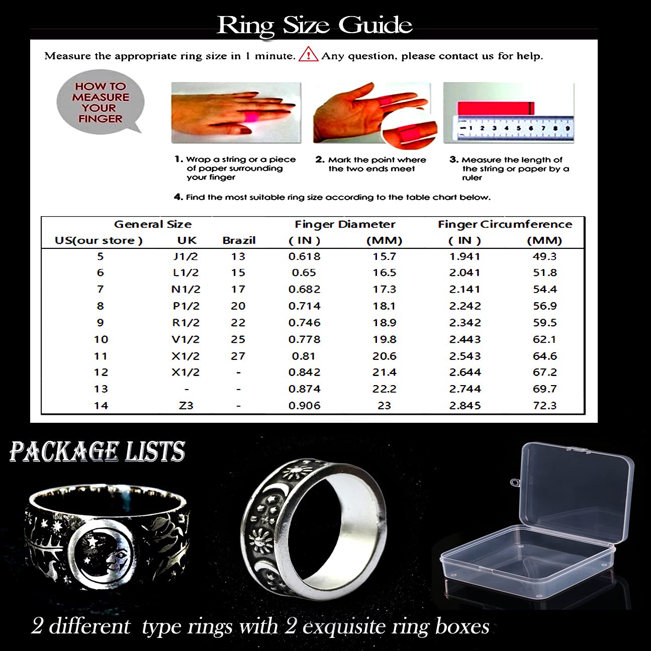 MYLY 2PCS Stainless Steel Sun Moon Rings for Women Men,Sun Ring,Moon Ring for Women Men (A, 7)