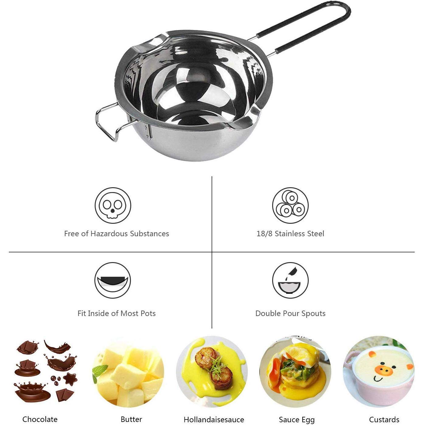 Smala 2-Pack Stainless Steel Double Boiler, Heat-Resistant Handle for, Cheese, Caramel and - Steel Melting Pot, 2 Cup Capacity, Universal Pad
