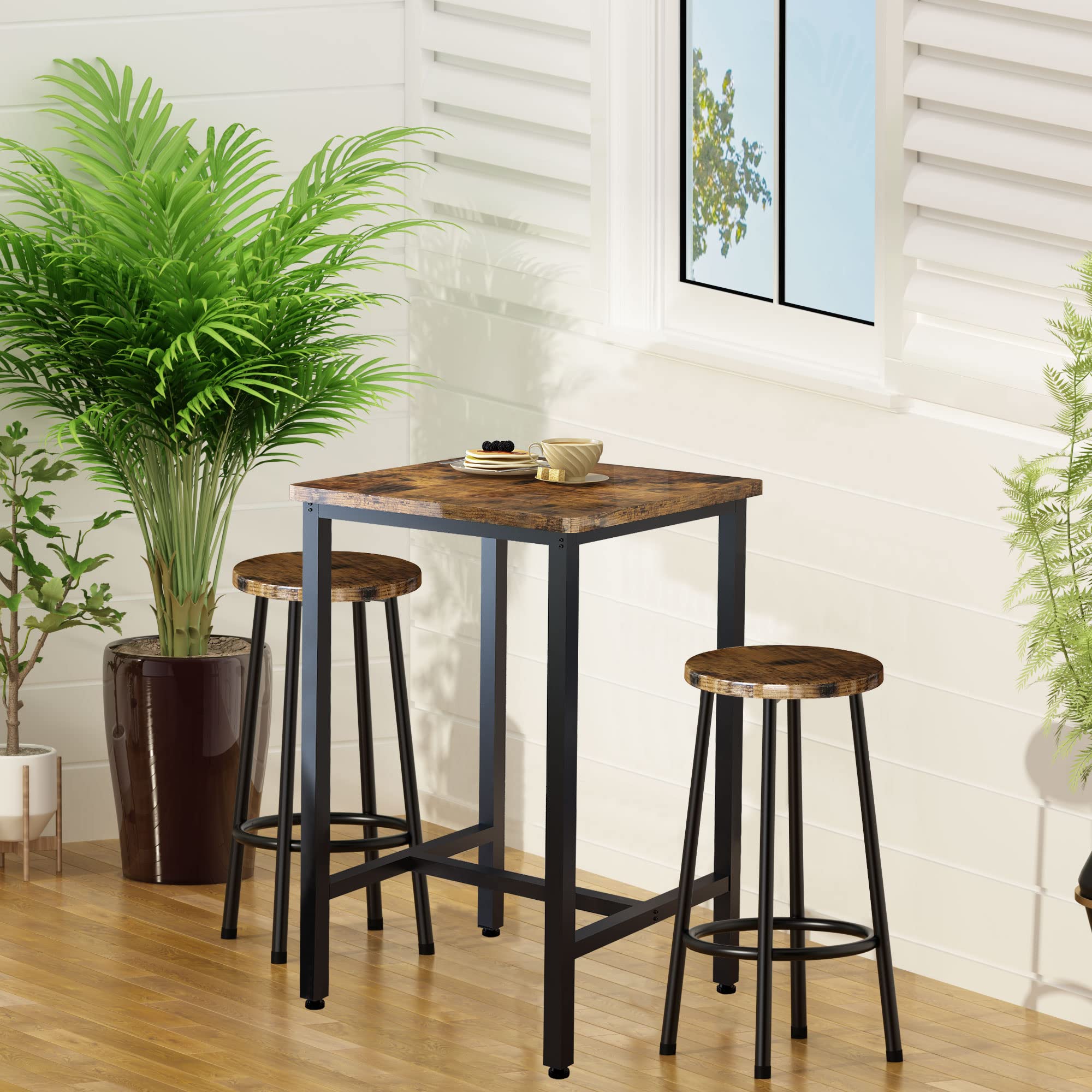 Lamerge Bar Table Set, Square Bar Table Set with Stool, Bistro Table and Chairs Set of 2, Pub Table and Chairs Set for Dining Room, 23.5inch Kitchen Table, Rustic Brown