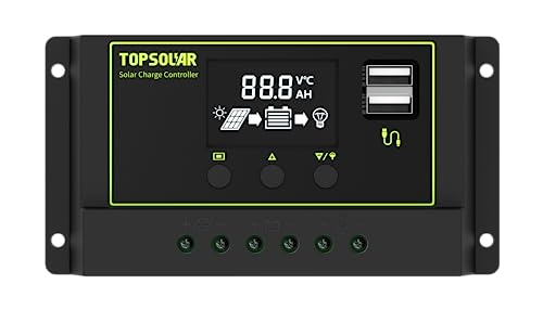 TOPSOLAR 20A 12V/24V PWM Solar Charger Controller w/ LCD Display for AGM, Gel, LiFePO₄ and Flooded Battery.