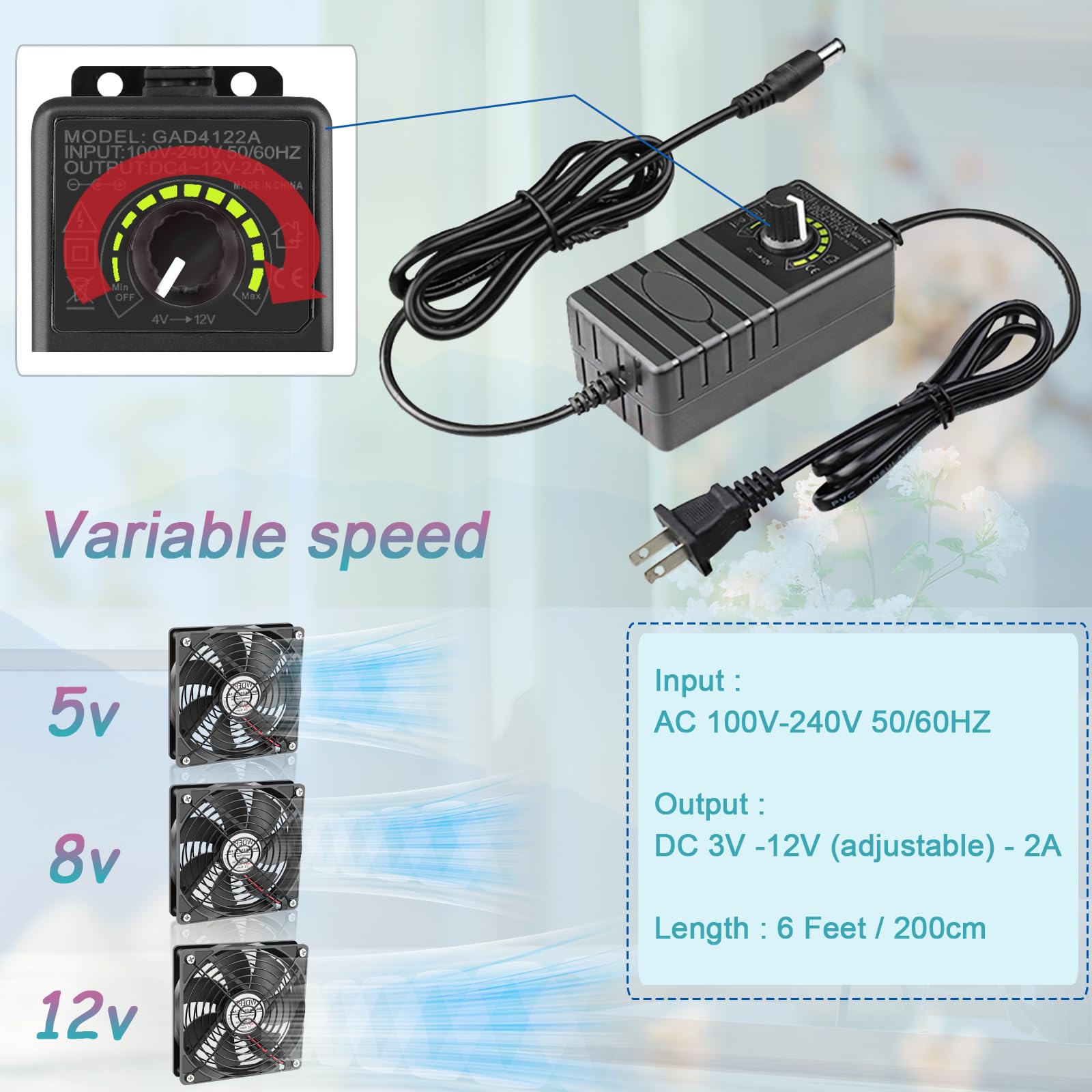 WDERAIR AC 120mm Powerful Computer Fan with AC Plug, 110V - 240V AC to DC 12V Variable Speed Controller for Electronic Components,PS5,Router,Xbox,Growtent,Modem,Amplifier,Receiver,Biltong Cooling