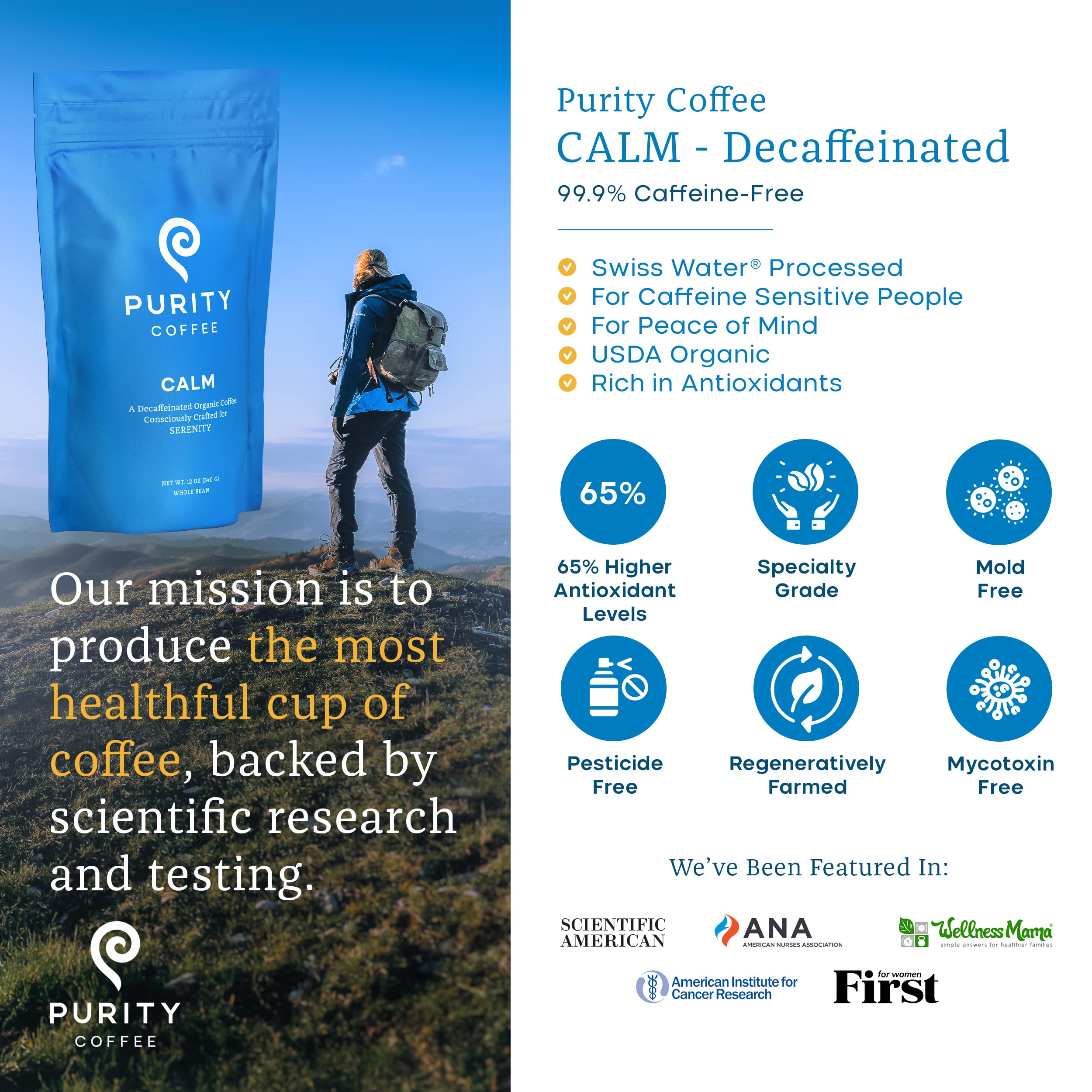 Purity Coffee CALM Decaf Medium Roast Whole Beans - USDA Certified Organic Specialty Grade Arabica Swiss Water Processed Decaffeinated - Third Party Tested for Mold, Mycotoxins, Pesticides - 12 oz Bag