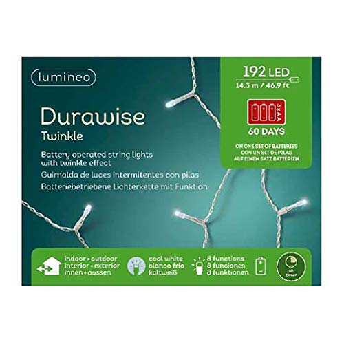 Lumineo 192 LED Cool White Battery-Operated Christmas Lights Set, Transparent Wire 47 Feet