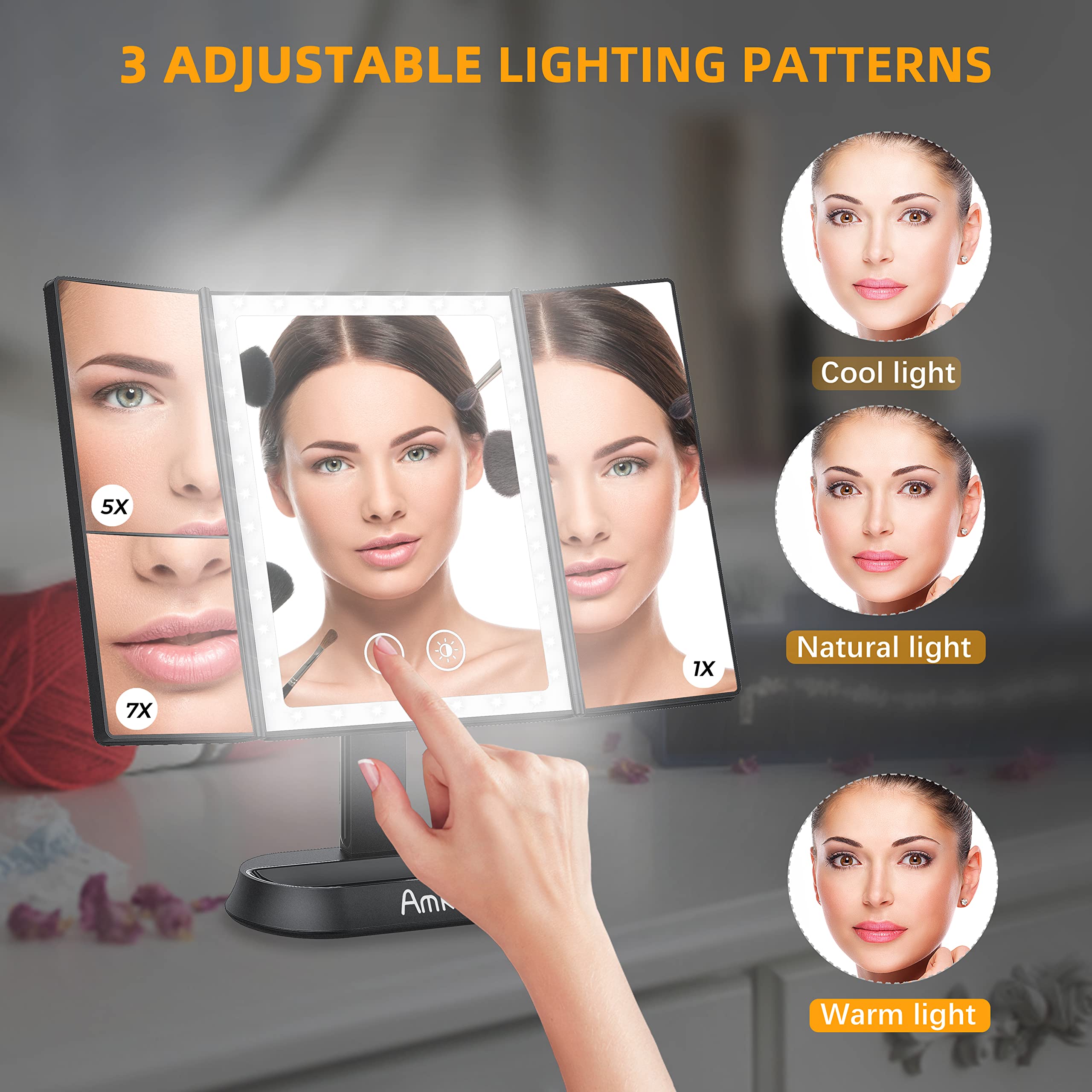 Makeup Mirror with Lights and Magnification, 1X/5X/7X Magnification, Trifold Makeup Mirror, Lighted Makeup Mirror, Smart Touch Screen, Portable Travel Make up Mirror, Women Gift (Black)