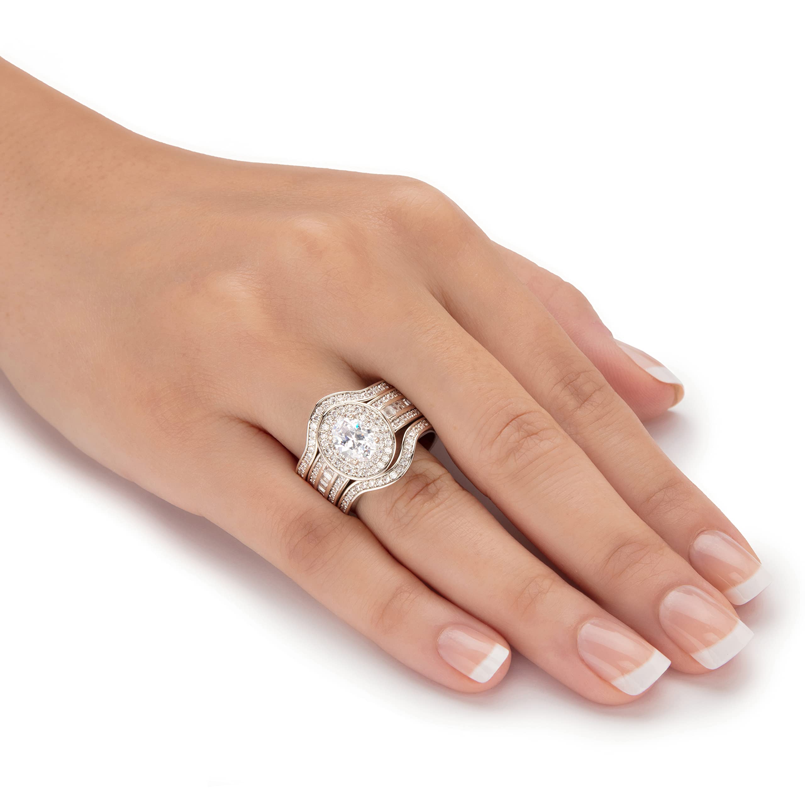 PalmBeach Jewelry 14K Yellow Gold or Platinum Plated Oval Cut Cubic Zirconia Double Halo Scalloped Bridal Ring Set Size 10