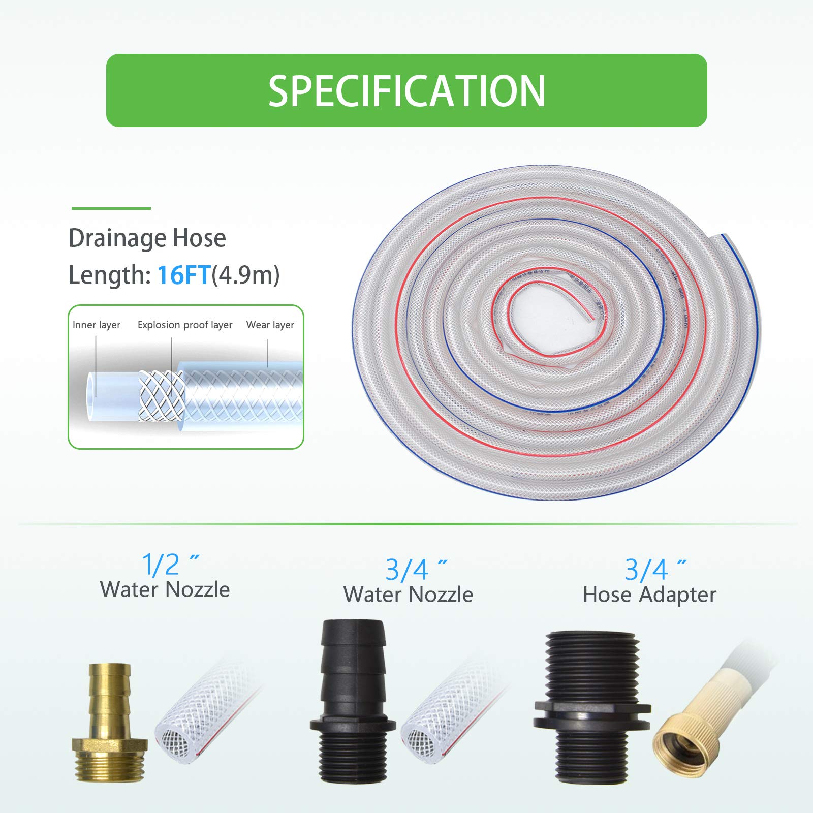SurmountWay Pool Cover Pump Above Ground,850 GPH, 3 Adapters Swimming Pool Cover Pump with 16 Foot Heavy-Duty Kink Proof Hose (Black)