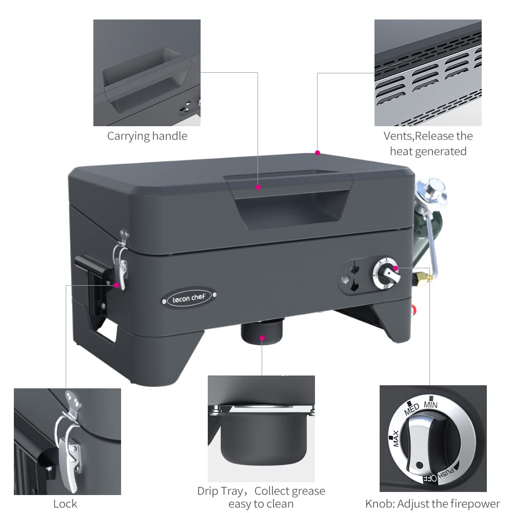Leconchef 2 in 1 Gas Grill with hood,Portable Griddle Propane for Outdoor,RV,BBQ Camping 16.3 inch,12000 BTU Tabletop and standing