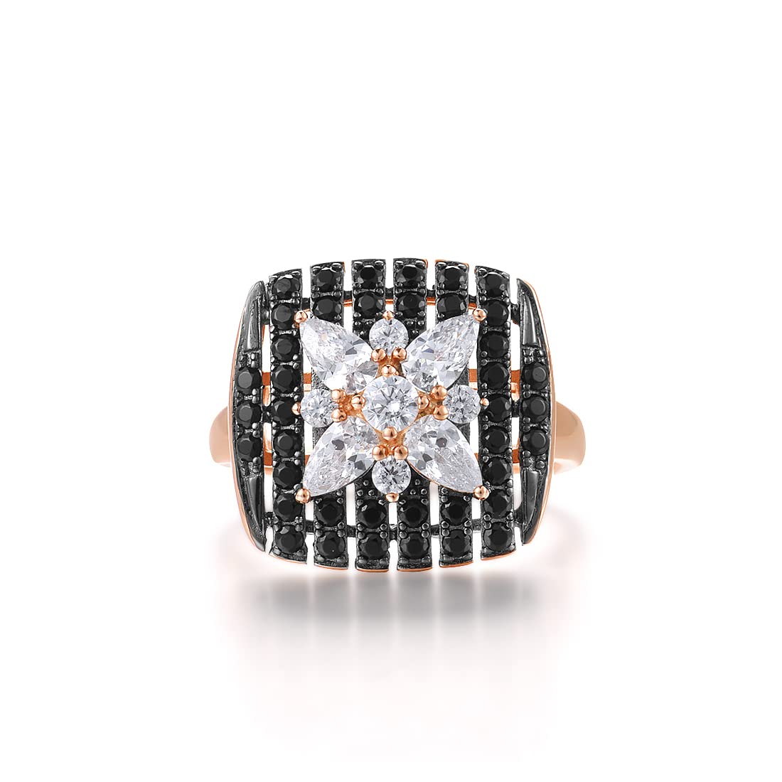 Santuzza 925 Sterling Silver Gemstone Flower Ring Black Spinel White Cubic Zirconia Cushion Ring for Women (7)