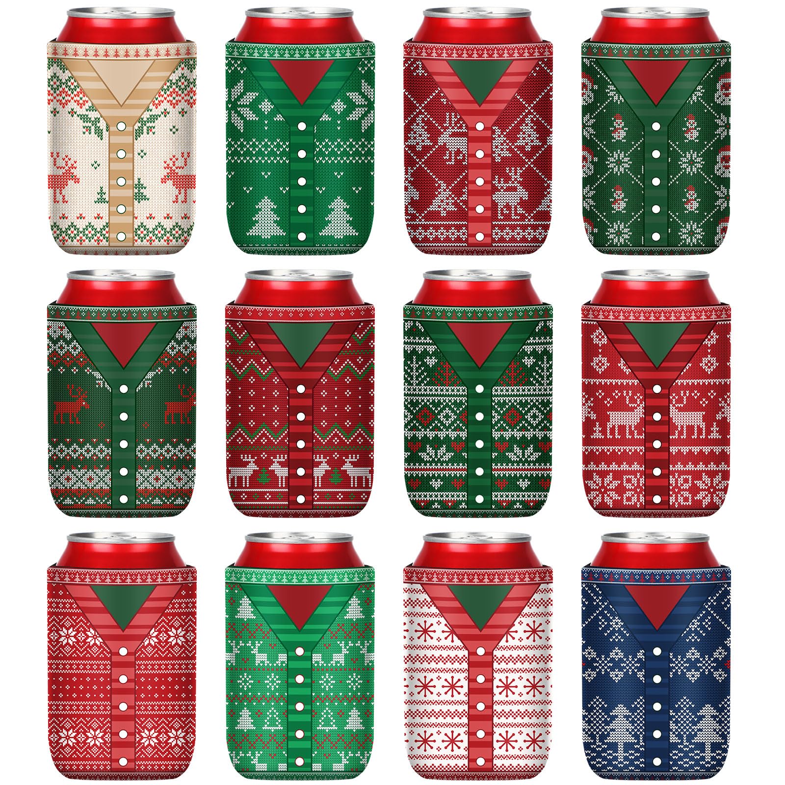 Maxcheck 24 Pcs Christmas Sweater Style Can Cooler Sleeves Xmas Holiday Can Insulated Covers Neoprene Funny Coolers for Xmas Holiday Party Decorations Supplies Canned Beverages Bottle Drink, 12 Styles