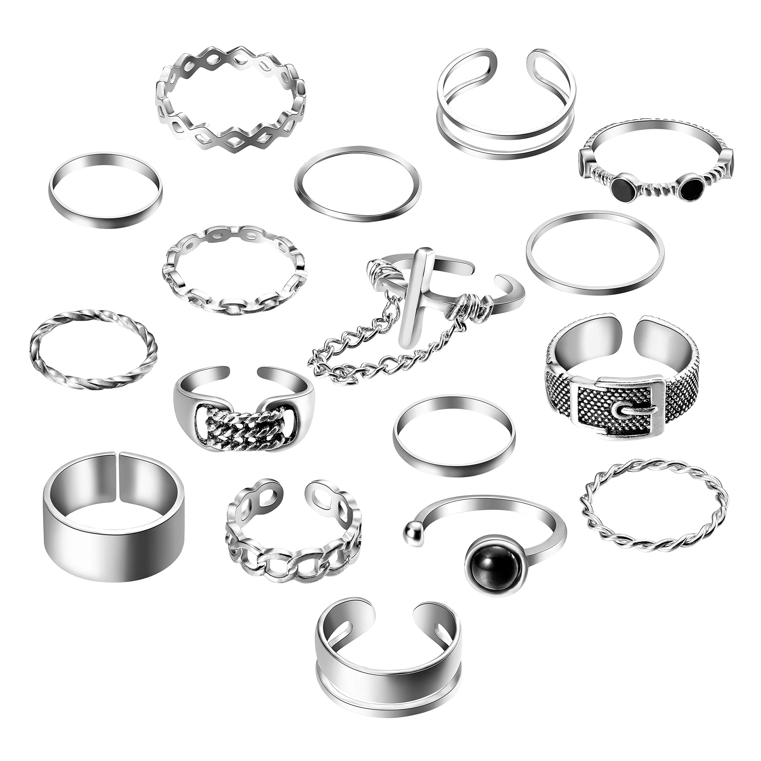 PANTIDE 17Pcs Punk Gothic Rings Set, Vintage Knuckle Rings Set Adjustable Alloy Biker Obsidian Chain Open Rings, Stackable Hollow Carved Finger Rings Midi Rings Joint Jewelry for Women (Silver)