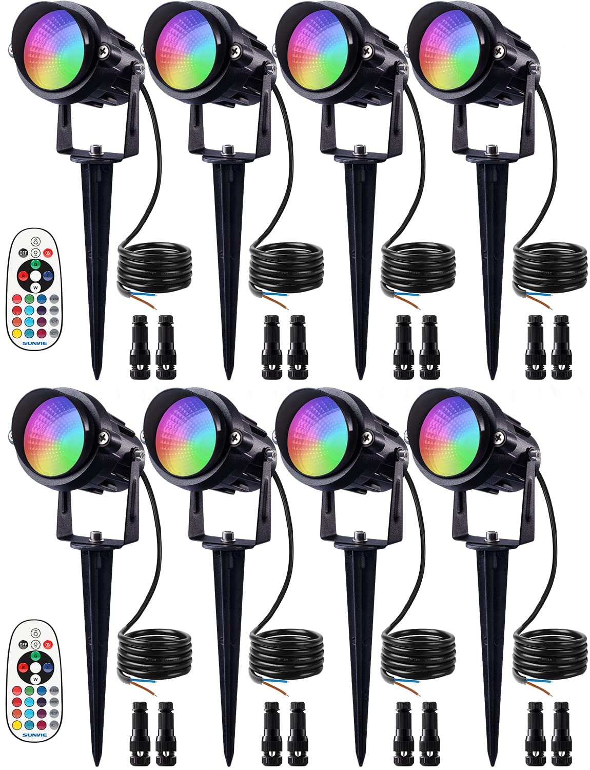 SUNVIE 12W RGB Color Changing Landscape Lights Low Voltage LED Landscape Lighting Remote Control Spotlight Waterproof Garden Pathway Christmas Decorative Lights Outdoor Indoor, 8 Pack with Connector