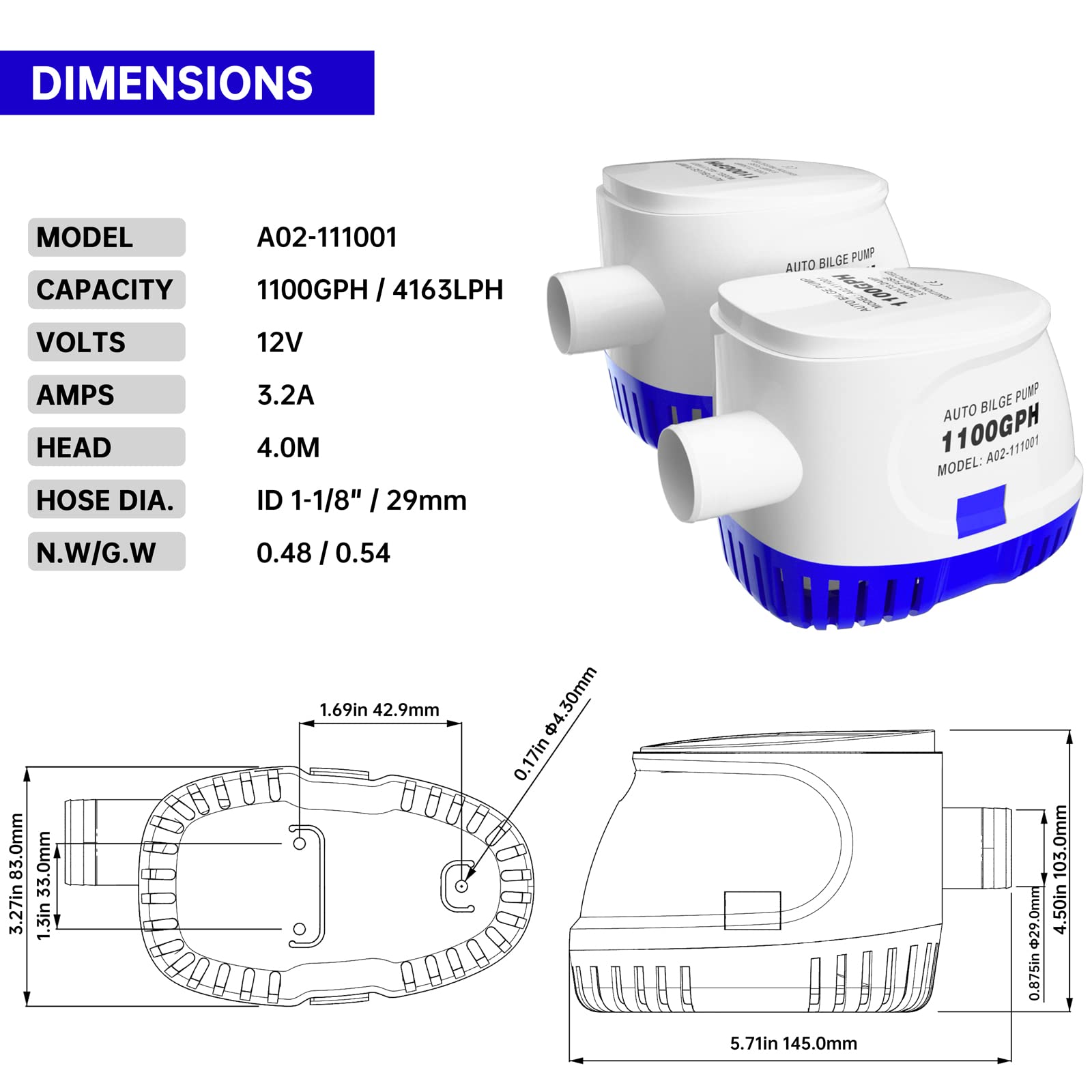 Sanuke Automatic Bilge Pump 12V 1100GPH Submersible Bilge Water Pump with Float Switch Auto Electric Motor Boat Accessories