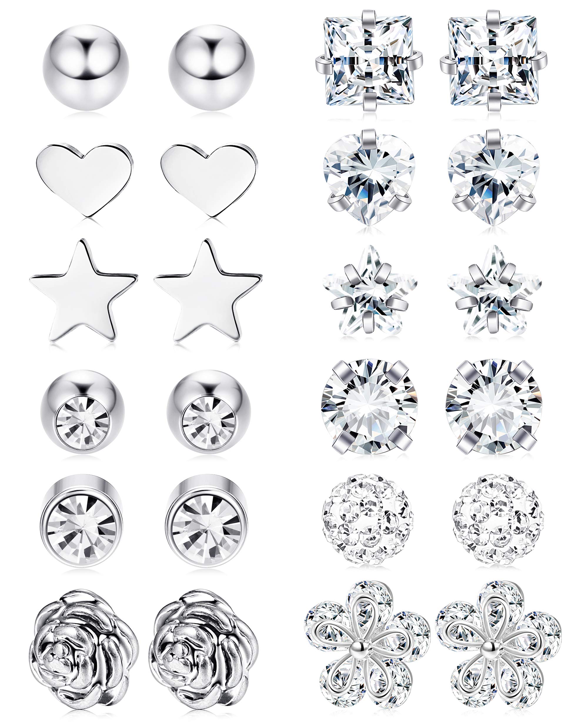 LOYALLOOK 12 Pairs Stainless Steel Ball Stud Earrings Barbell Cartilage Helix Ear Piercing 3-6mm 2 Colors (18G 12 Pairs Silver Tone 4mm)