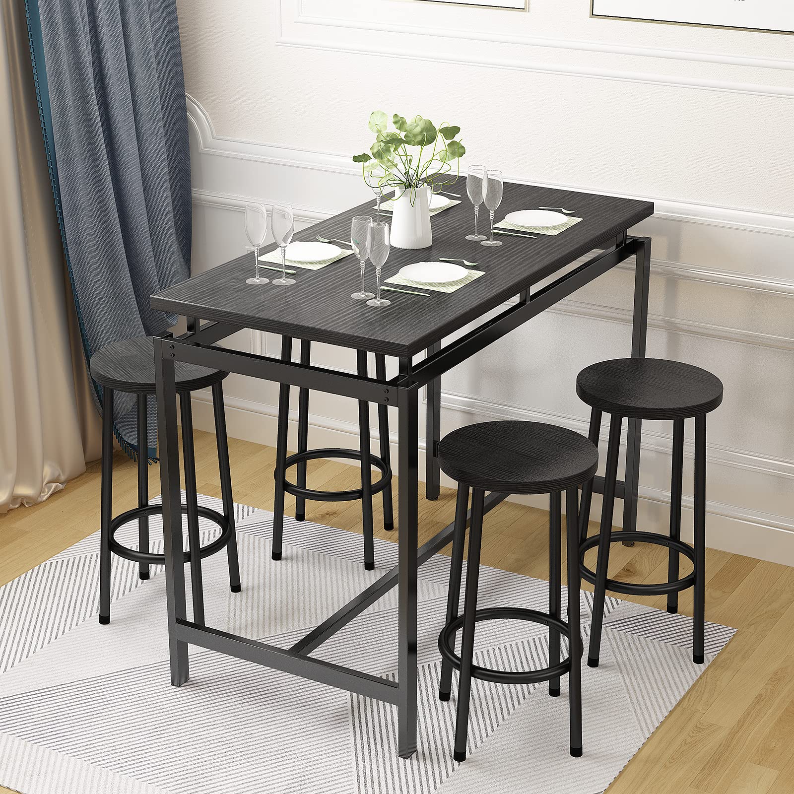 Lamerge Bar Table Set of 4,Industrial 5 Piece Breakfast/DiningTable Set,43" Pub Height Table & 4 PU Upholstered Stools with Backrest,for Living Room,Kitchen,Bar,Rustic Brown & Black & Brown
