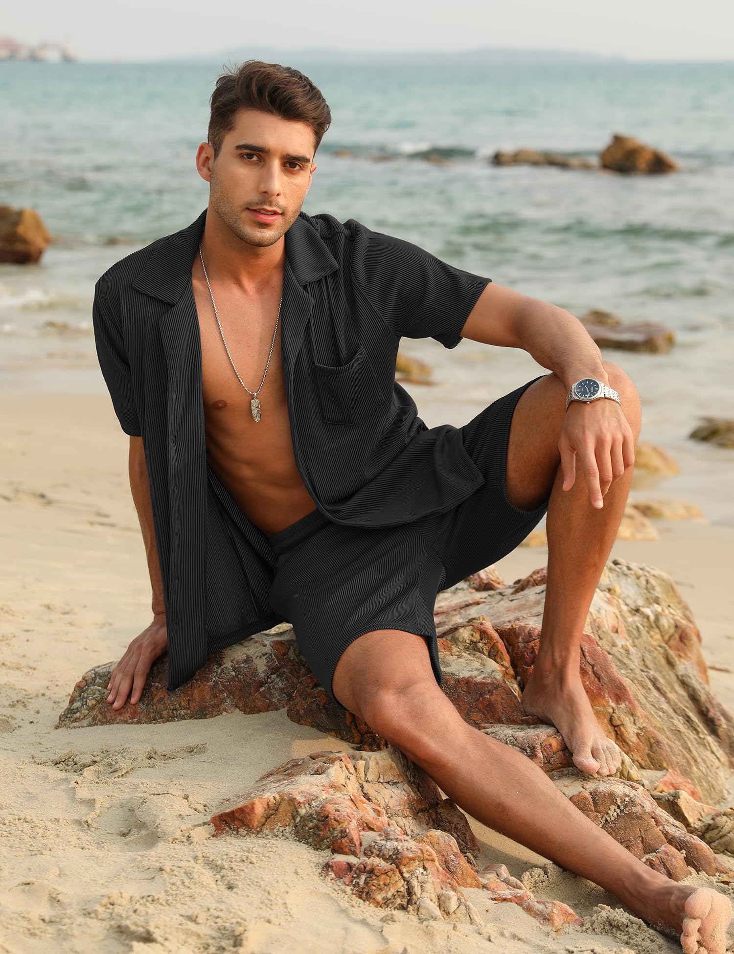 LecGee Mens Vacation Outfits Black Beach Short Sets Oversized Shirts Hawaiian Tracksuits Two Piece Short Set