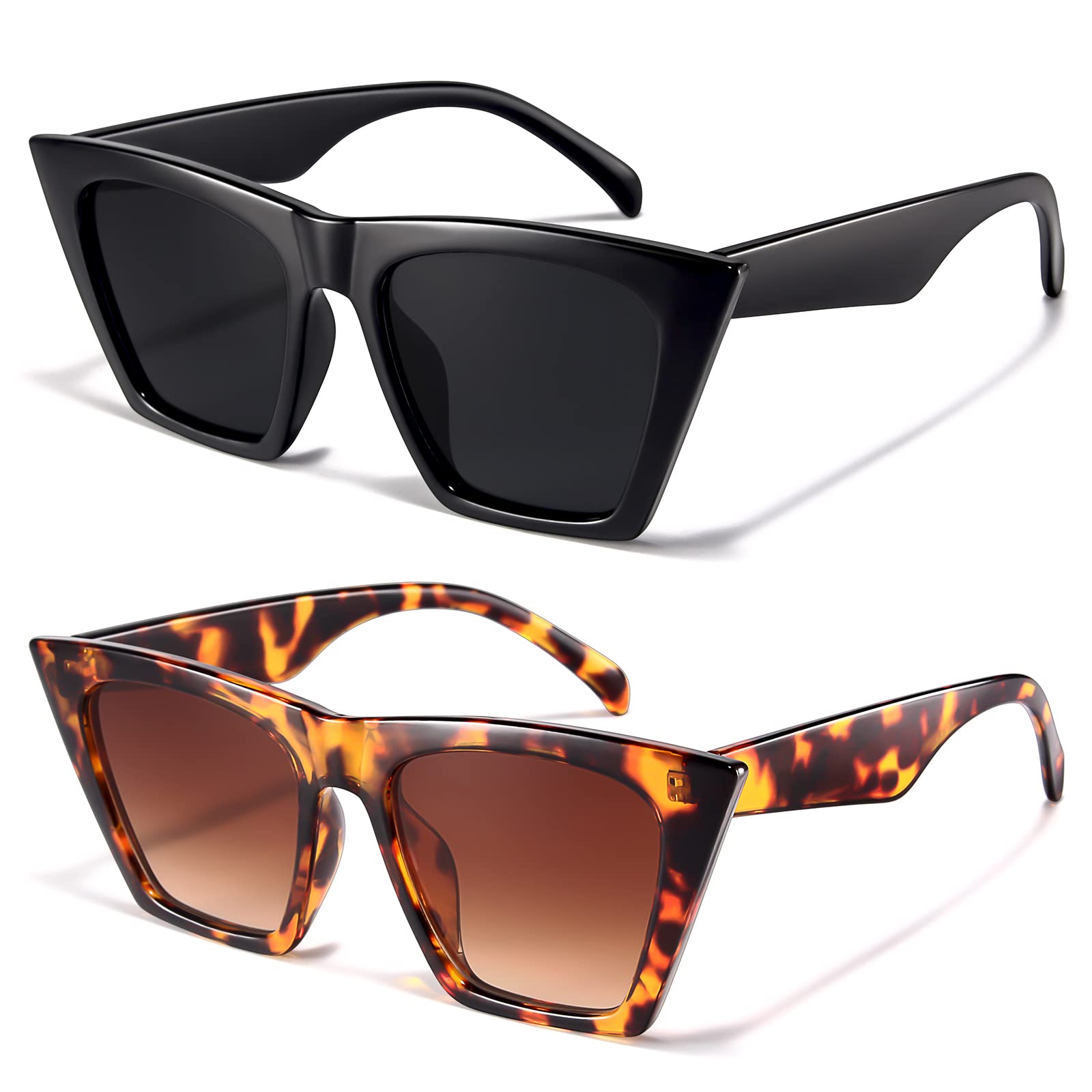 racico Trendy Cat Eye Sunglasses Women - 2 pack Vintage Oversized Cateye Style Square Sun Glasses Women Men