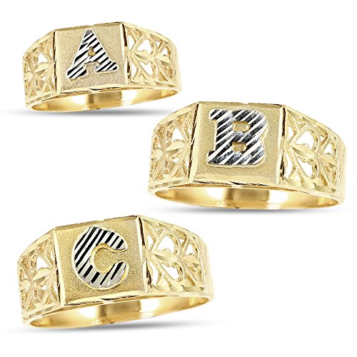 LoveBling 10K Yellow Gold Diamond Cut Ladies Alphabet Initial Ring, Block Lettering (J, 7)