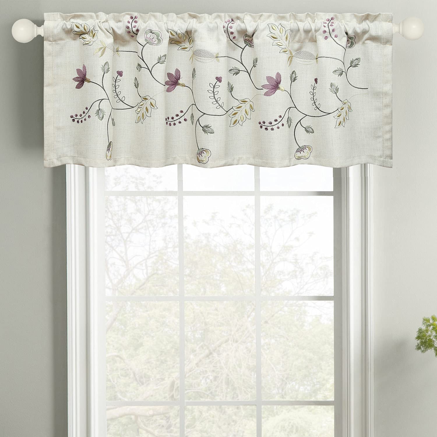 Leeva Purple Floral Valance for Windows Bedroom, Embroidery Blossoms Faux Linen Light Filtering Valances for Cafe Bathroom, 52 x 18, Rod Pocket