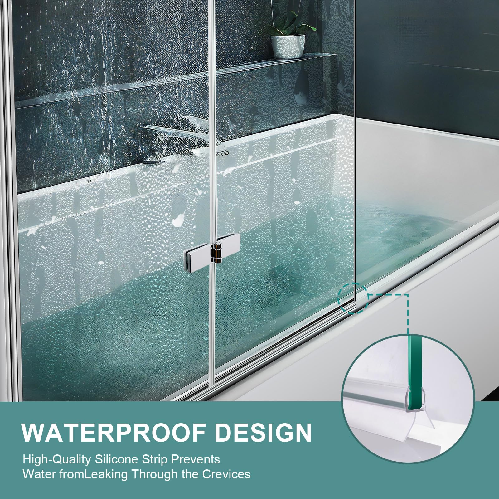 SIEPUNK Folding Glass Shower Doors for Bathtub, 36 in. W x 55 in. H Pivot Frameless Tub Shower Door, Tempered Glass Shower Panel Screen, Chrome