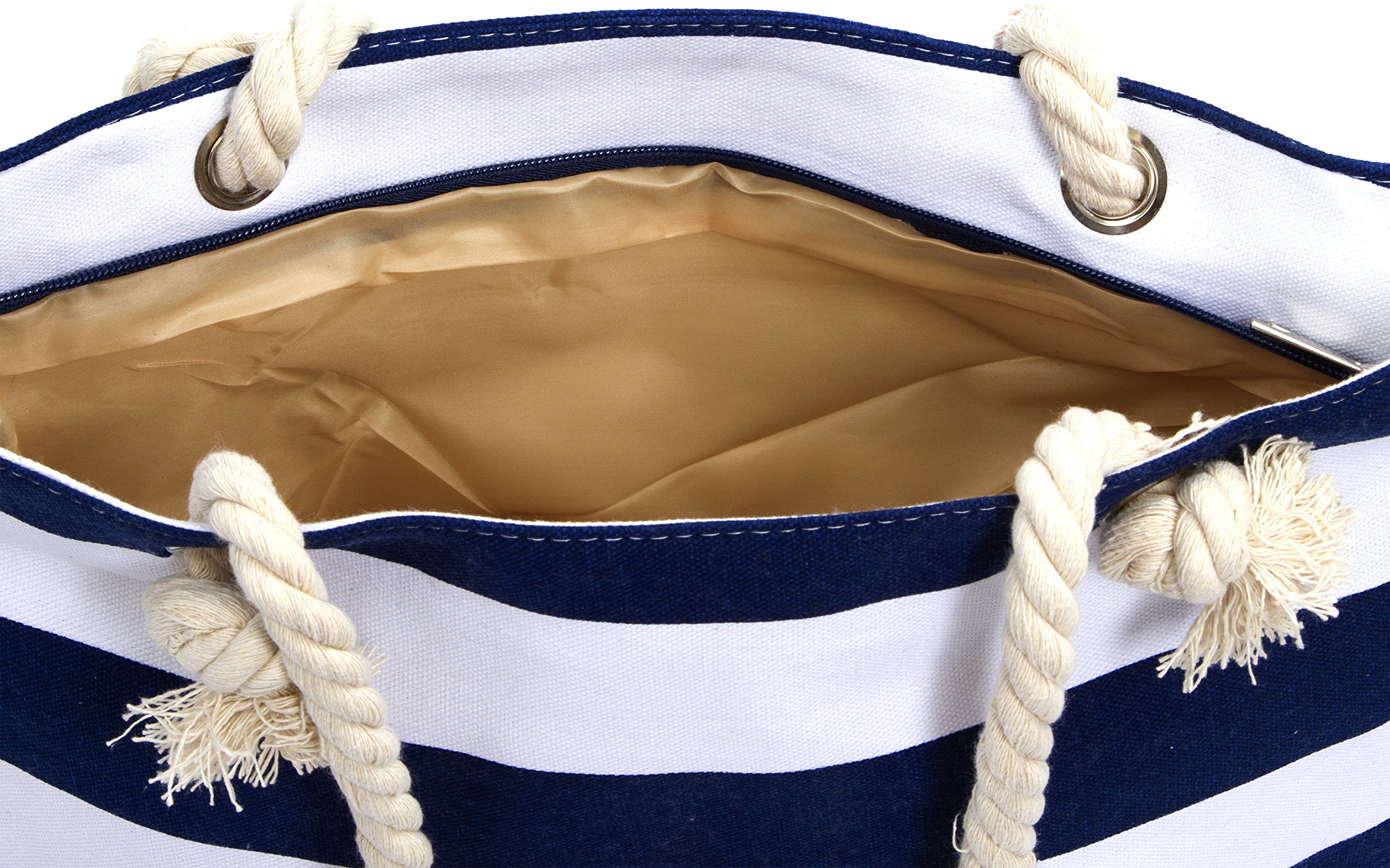 Leisureland Canvas Tote Beach Bag, Rope Handle Water Resistant Shoulder Bag (Stripe Navy Blue)