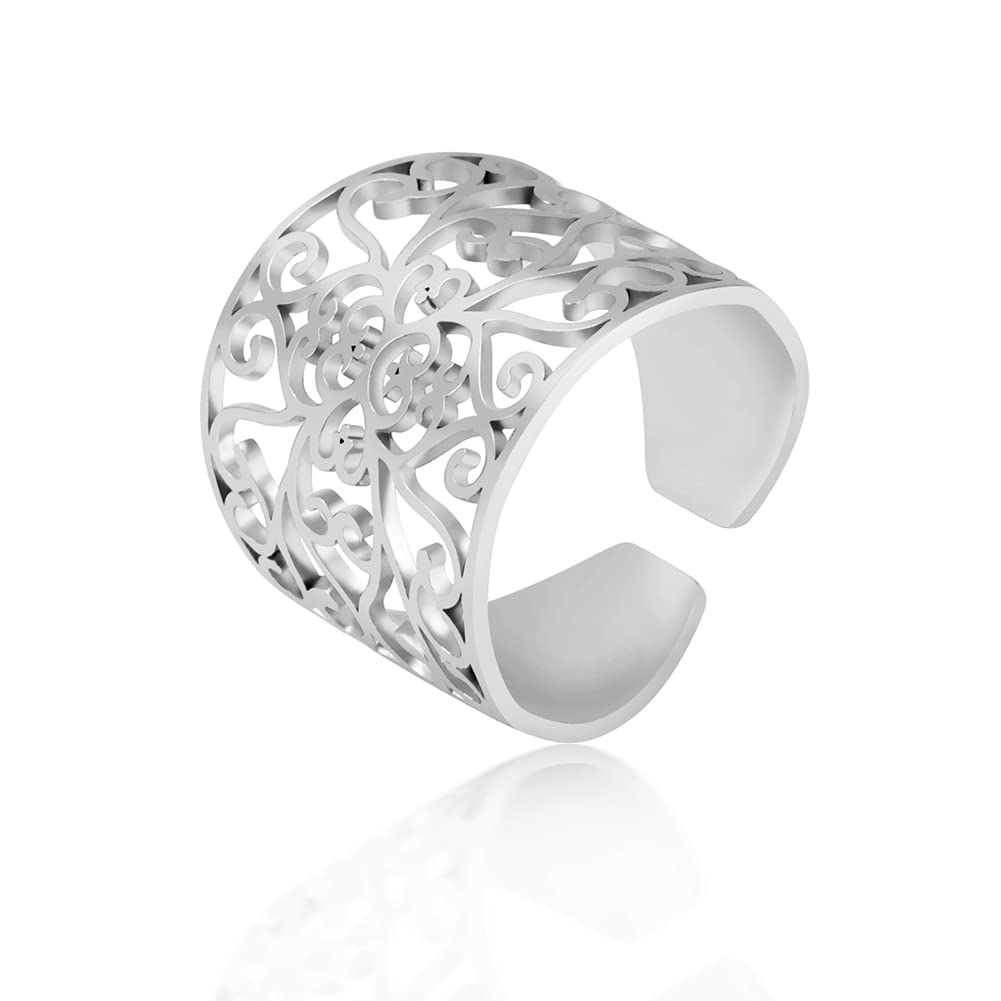 TEAMER Stainless Steel Hollow Flower Ring Boho Adjustable Open Finger Rings Fashion Jewelry Wedding Ring for Women (Flower 2-Steel Color)