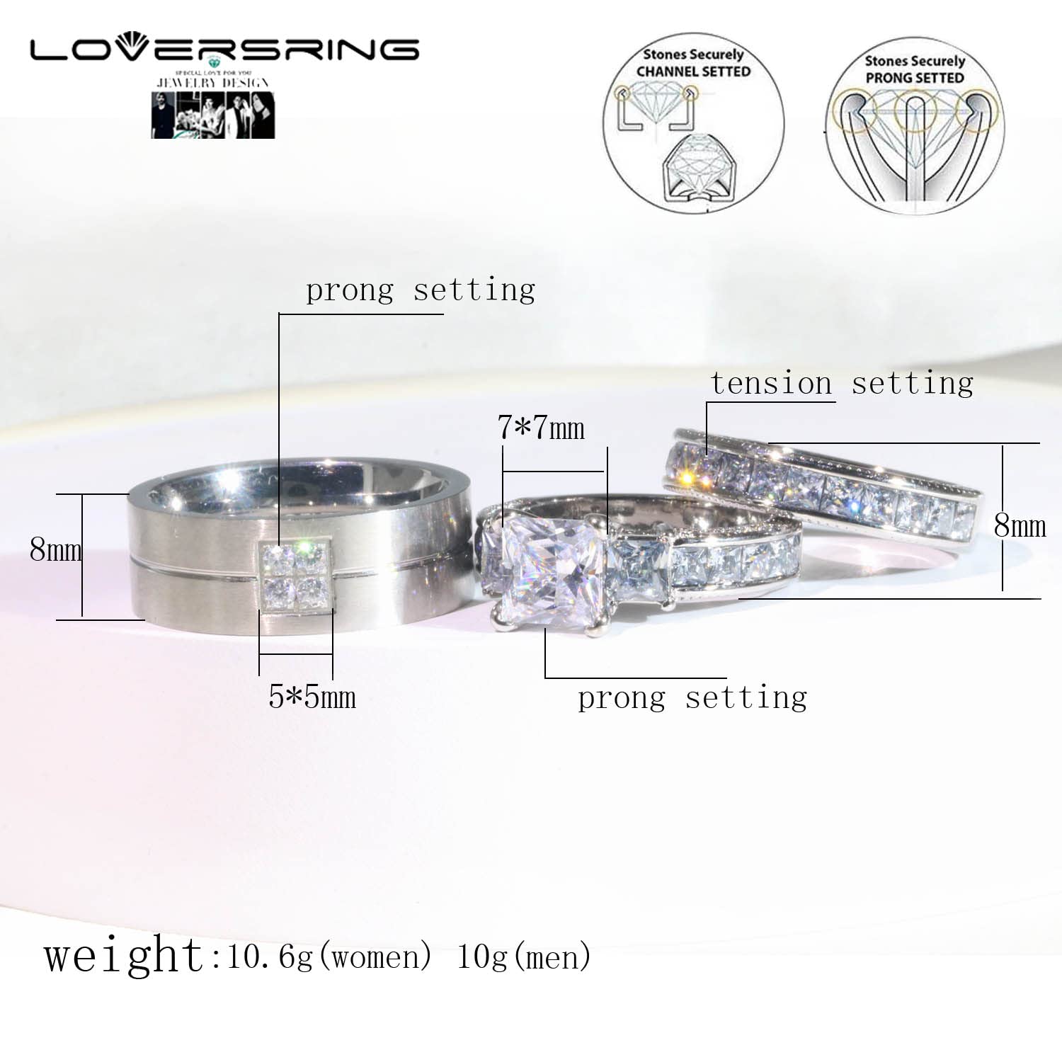 LOVERSRING Couple Ring Bridal Set His Hers White Gold Plated CZ Stainless Steel Wedding Ring Band Set