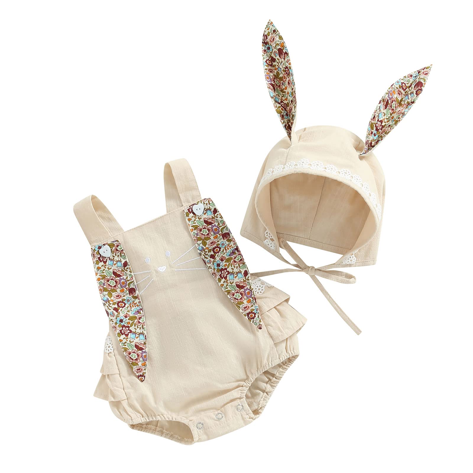 Toddler Baby Girls Easter Outfit Romper/Dress Sleeveless Bunny Ear Sister Mathing Clothes with Tail (A-Light Khaki, 6-12 Months)