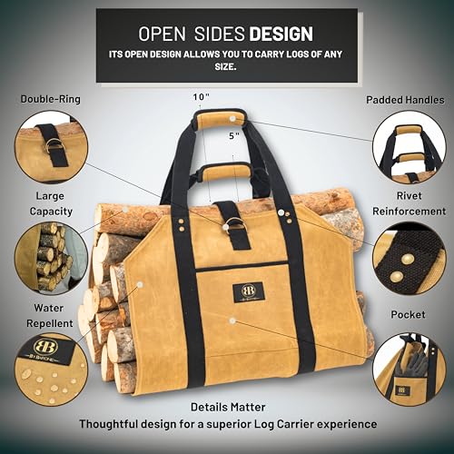 Log Carrier for Firewood Bag - 20oz Waxed Canvas wood carriers with Handles for Fire Logs storage- Fireplace and Campfire Accessories - Durable Waterproof Heavy-Duty Canvas Bag Carrier BROWN