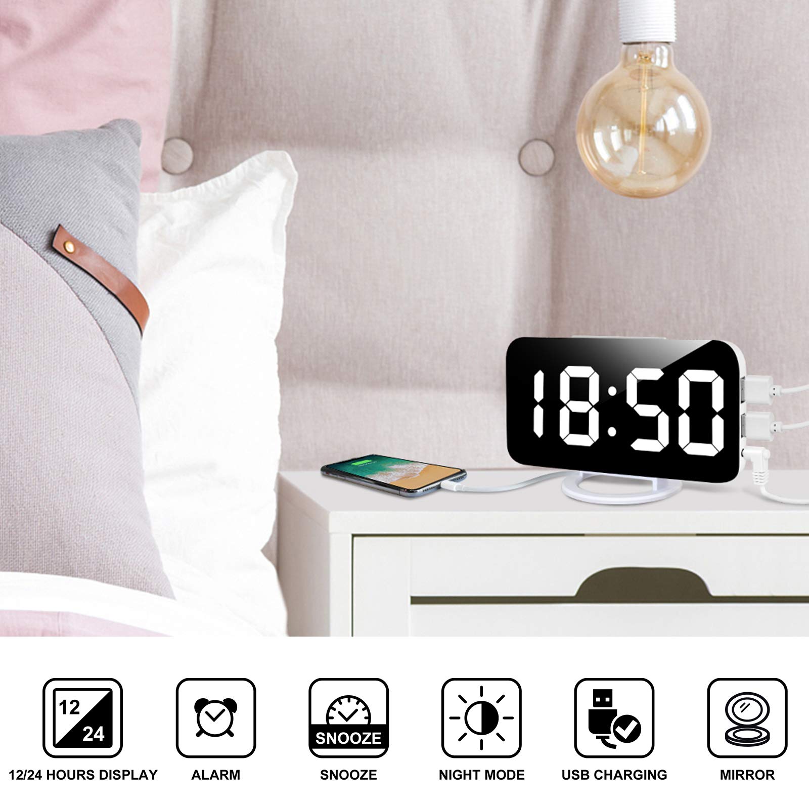 Lamisola Digital Alarm Clock, Large LED Mirror Display, 2 USB Charging Ports,Auto Dim Mode,Modern Design Clock for Bedroom Office, White