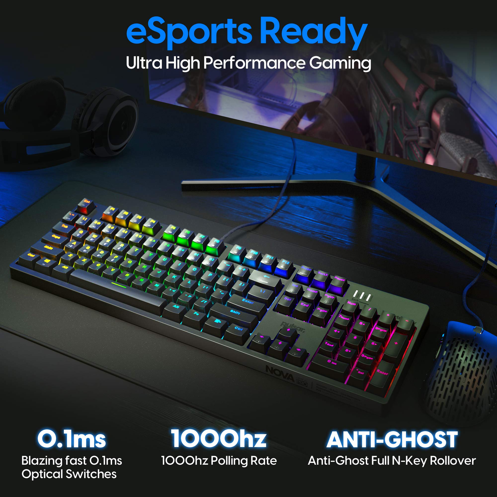Pulsar Gaming Gears - PK101 Nova Optical PRO eSports Level Hot Swappable Super Fast Optical Mechanical Gaming Keyboard - 0.1ms Lag Free Waterproof RGB Backlit USB 104 Keys (Blue Clicky Optical Switch)