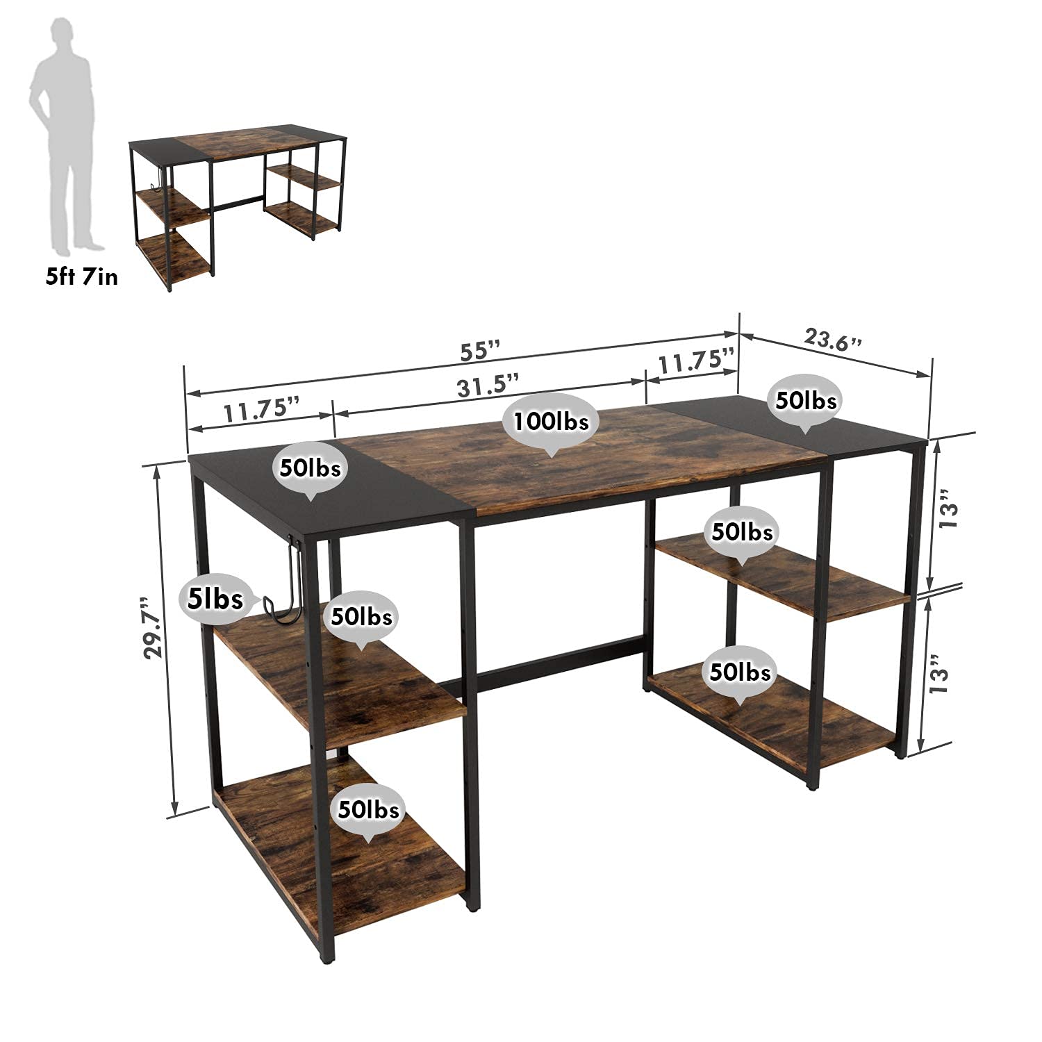 Nost & Host Home Office Computer Desk 55 inch with 4 Storage Shelves and Headphone Hanger Dual Monitor Study Writing Table Desk Modern Simple Laptop Desk Splice Board Rustic Brown and Black