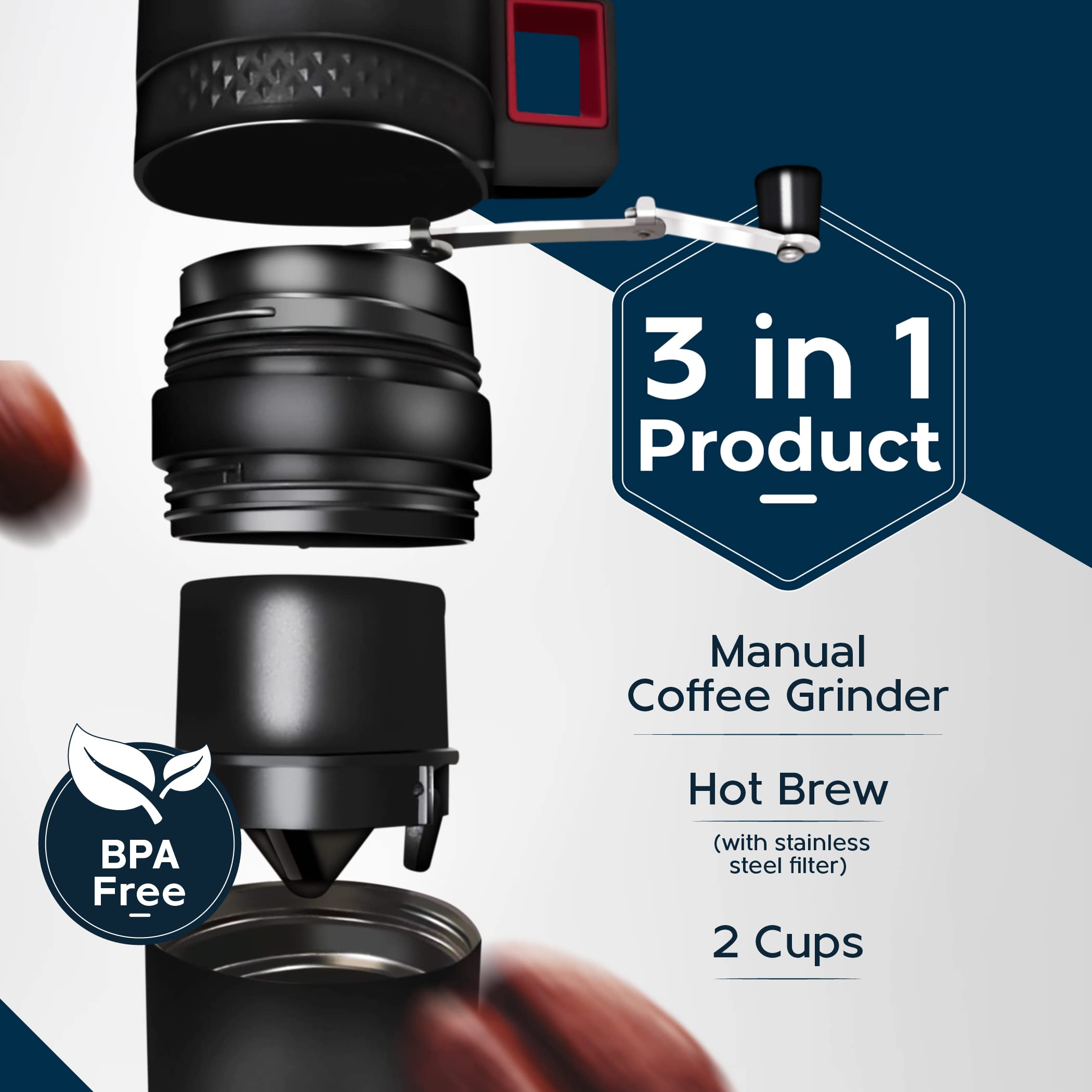 Manual coffee grinder with a built-in HOT BREW stainless-steel filter, and TWO cups - all in one innovative product | Durable & Great for travelers