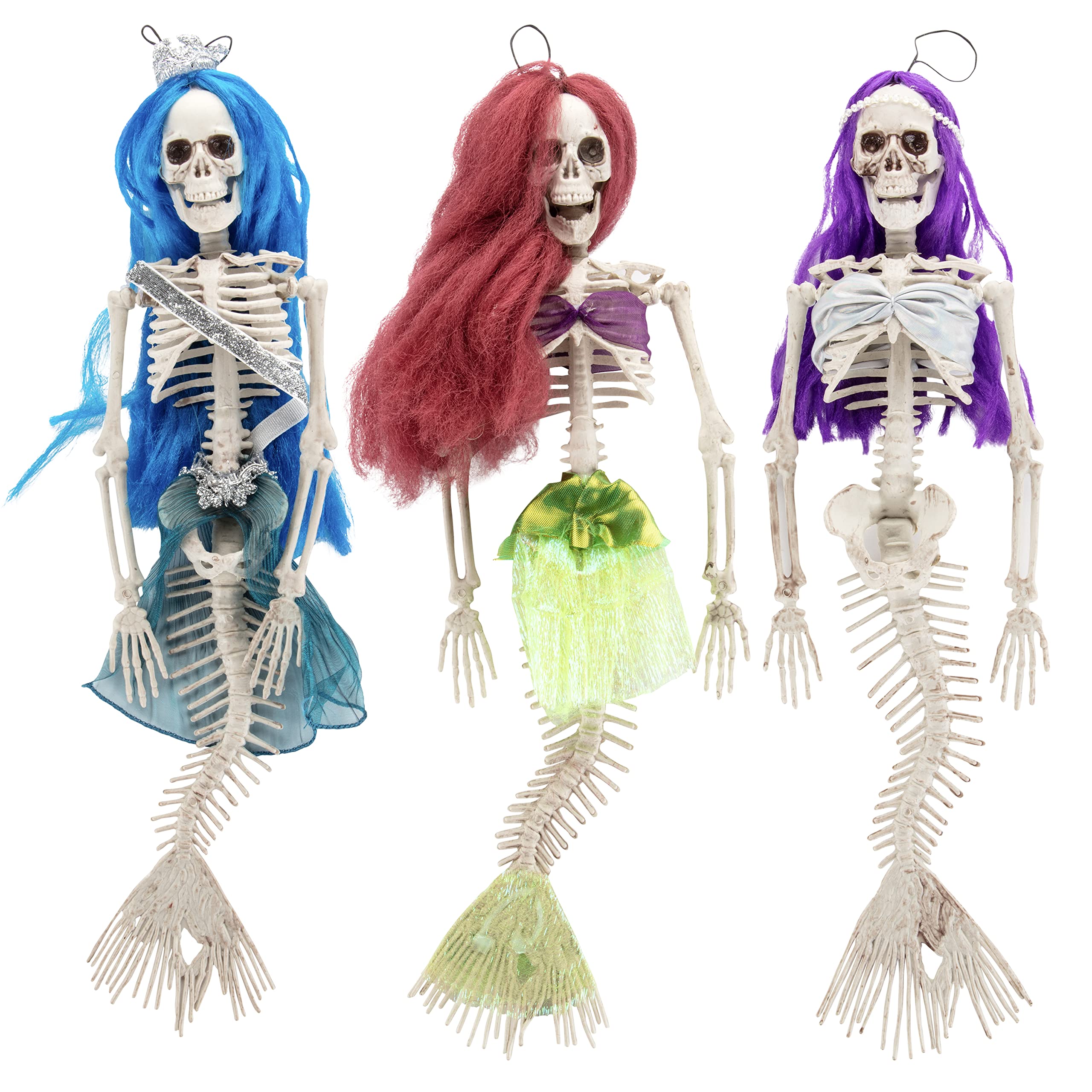 Mermaid Skeleton w Colored Hair Halloween Decorations (3 Pack)-16" Long- Weather Resistant for Indoor/Outdoor -Upgrade Your Fall Graveyard Haunted House or Cemetery Party Decor, Trick-or-Treat Favors