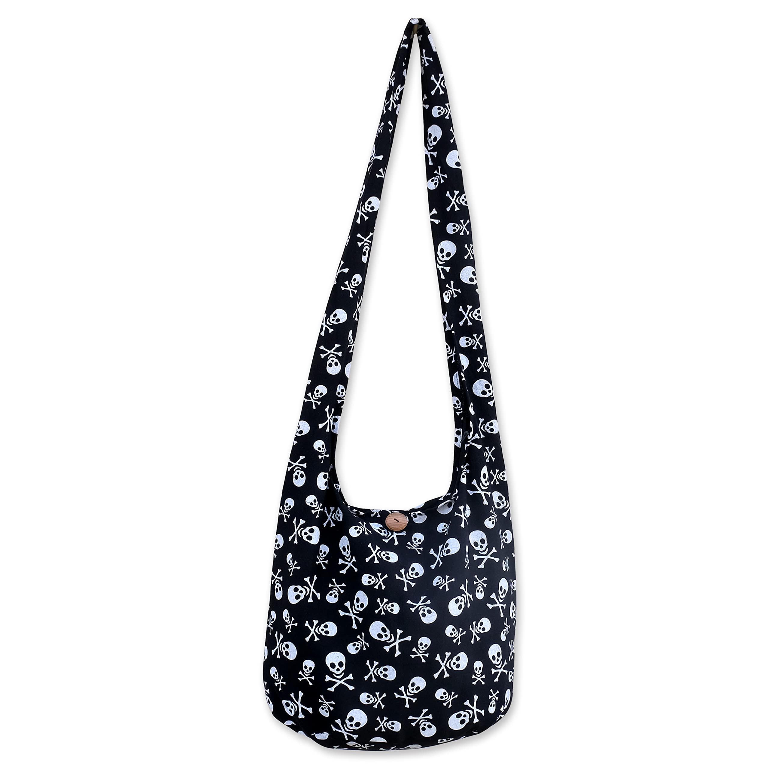 Skull Hippie style Hobo Crossbody bag Cotton sling Boho with pockets zipper purse Color Black