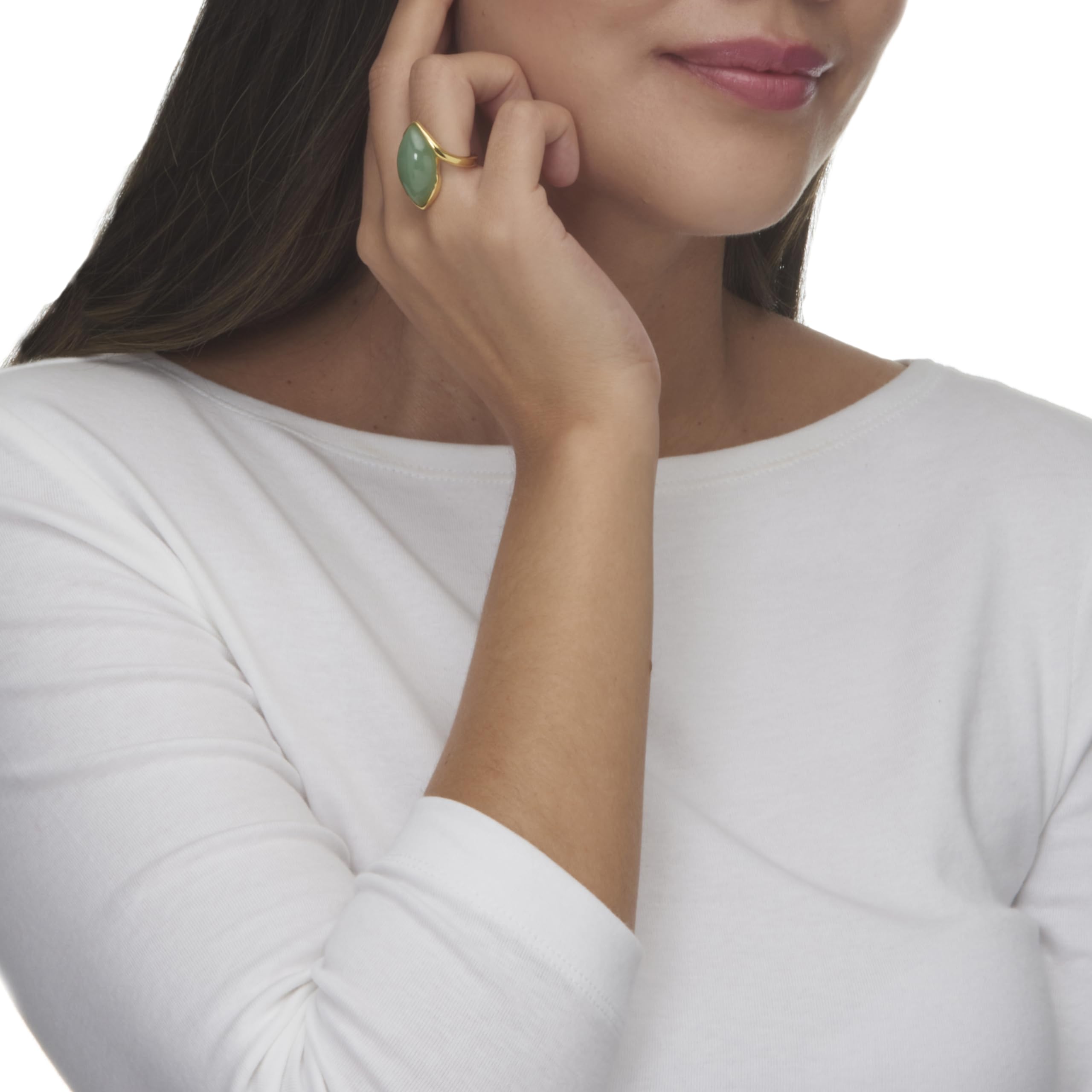 PalmBeach Yellow Gold-plated Sterling Silver Marquise Shaped Genuine Green Jade Bypass Ring Sizes 6-10 Size 7