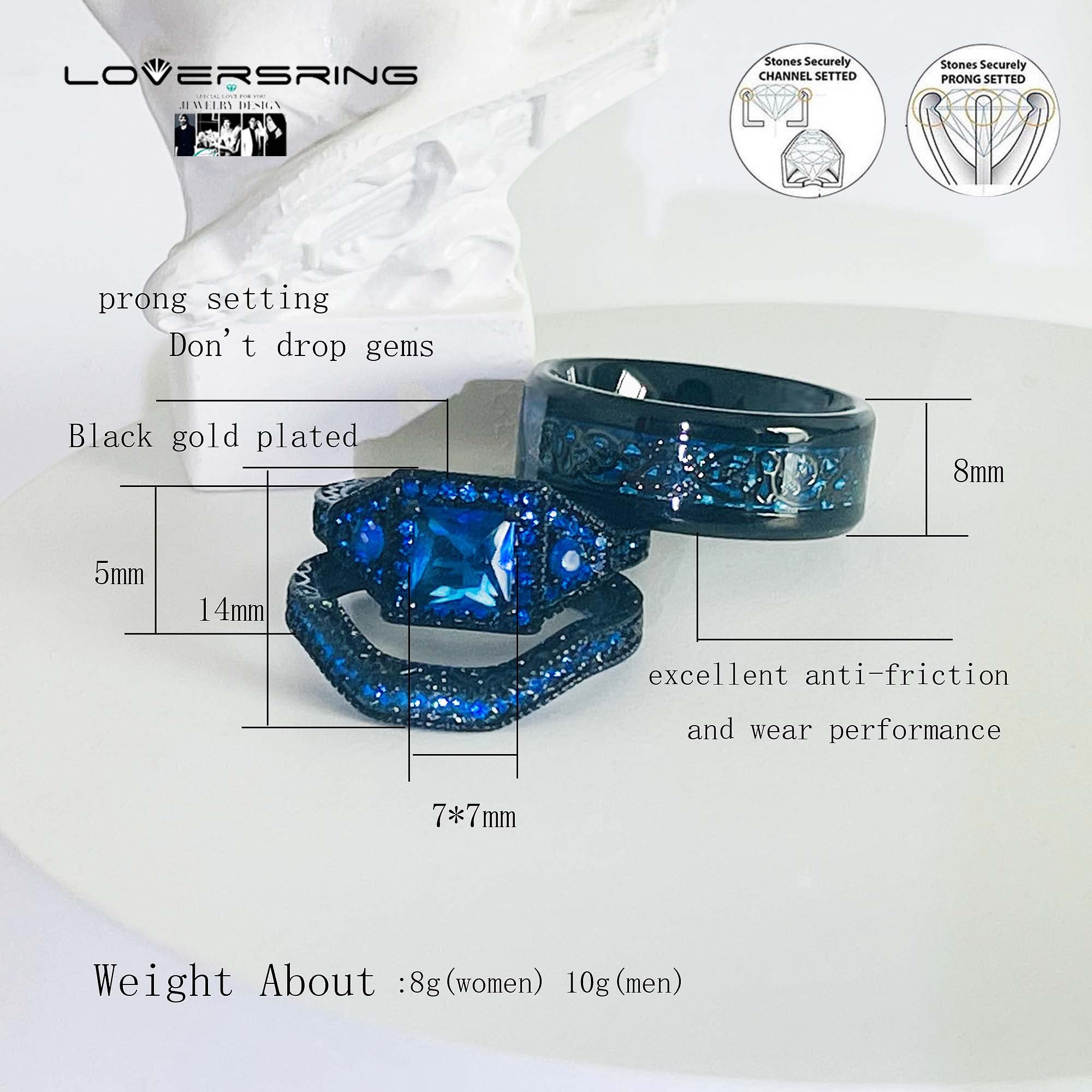 LOVERSRING Couple Ring Bridal Set His Hers Black Gold Filled Blue Cz Stainless Steel 10k Wedding Ring Band