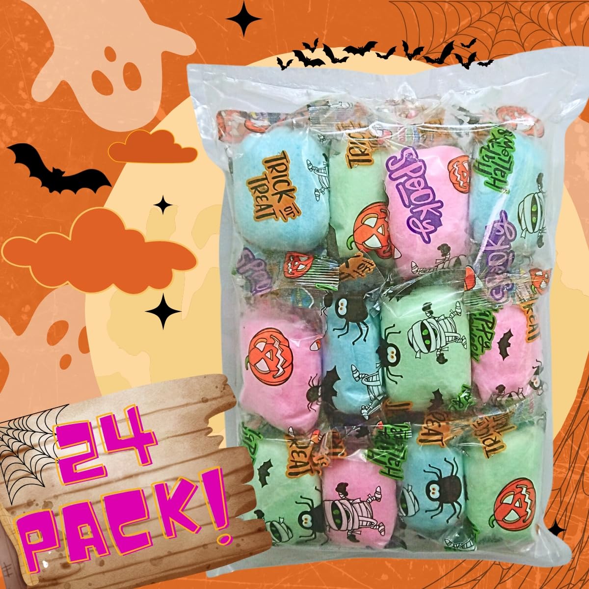 Lupy Lups! Cotton Candy Party Pack 0.5 oz each - Pastel Candy for Stocking, Treats, Party Favors, Buffet table and Piñata (Halloween 24 Pack)