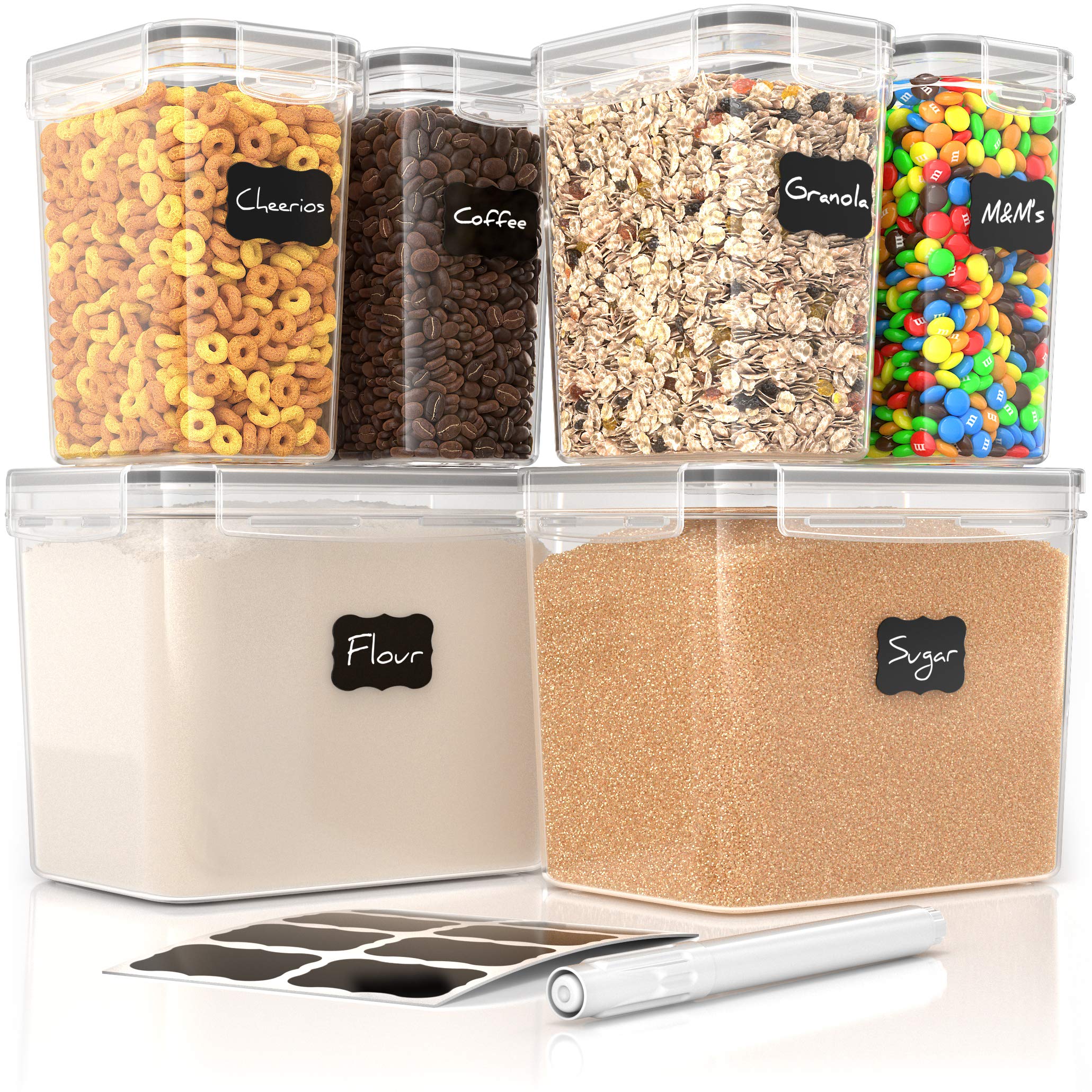 Simple Gourmet Airtight Food Storage Containers - Set of 6 Flour and Sugar Canisters for Pantry Storage and Organization - Marker & Labels Included