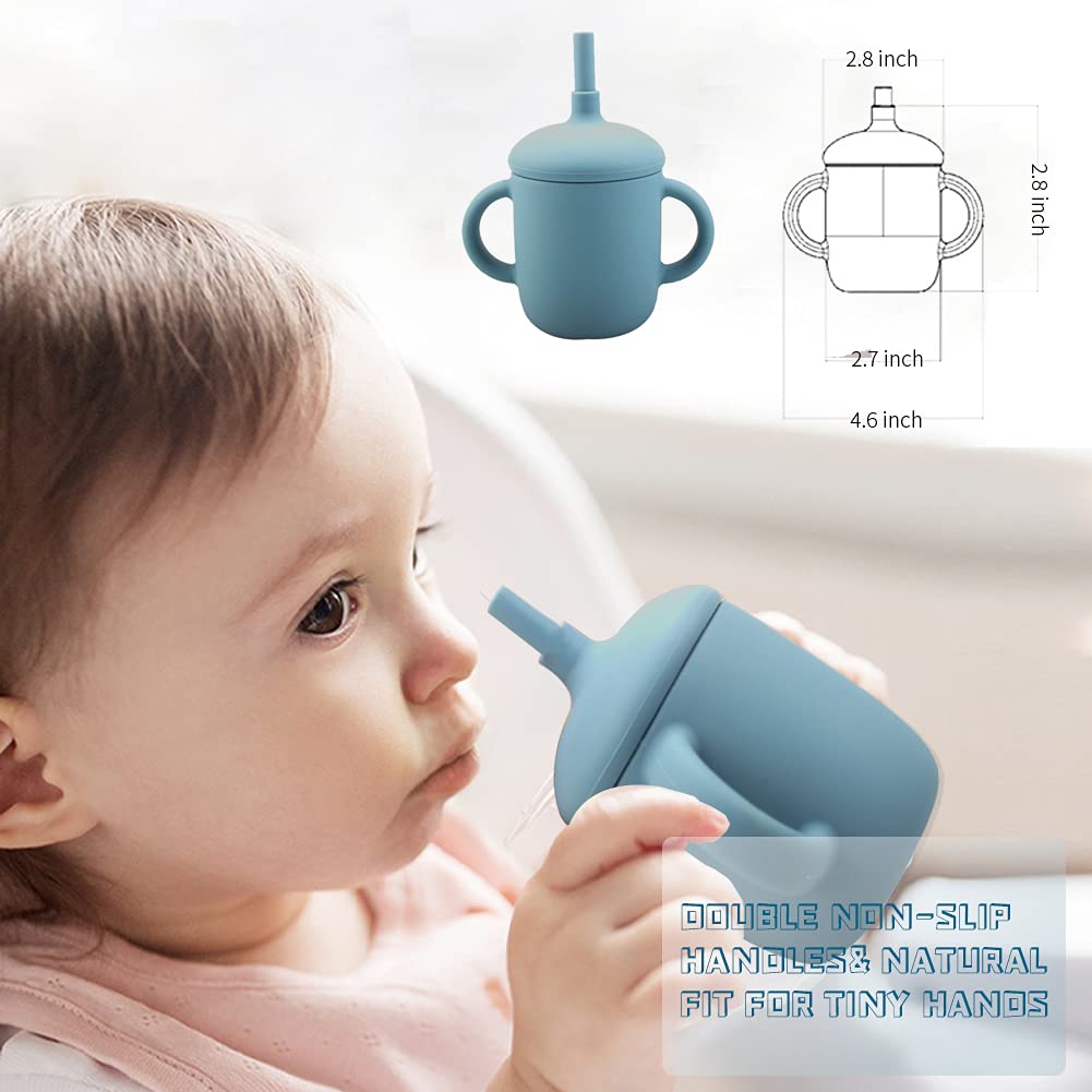 Toddler Cup, Silicone Training Cup Sippy Cup with Straw, Spill Proof and Non-Slip Handles, NO BPA, Unbreakable, Trainer Cup for Babies Toddlers and Infants, 2 Count, 5 oz, Grey Blue, Peach Pink