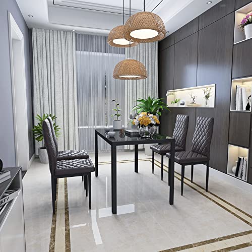 Lepfun 5 Pieces Set for 4, Kitchen Room Tempered Glass Dining Table, 4 Faux Leather Chairs, Black