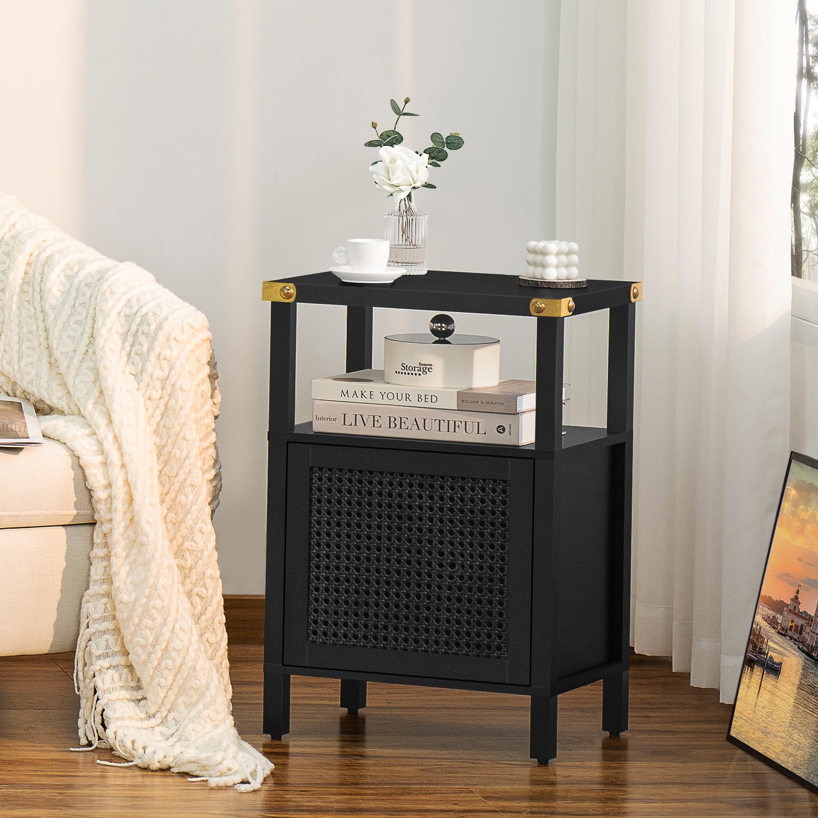 Lerliuo Nightstand Boho Side Table with Rattan Decorated Door, Wood Night Stand with Storage